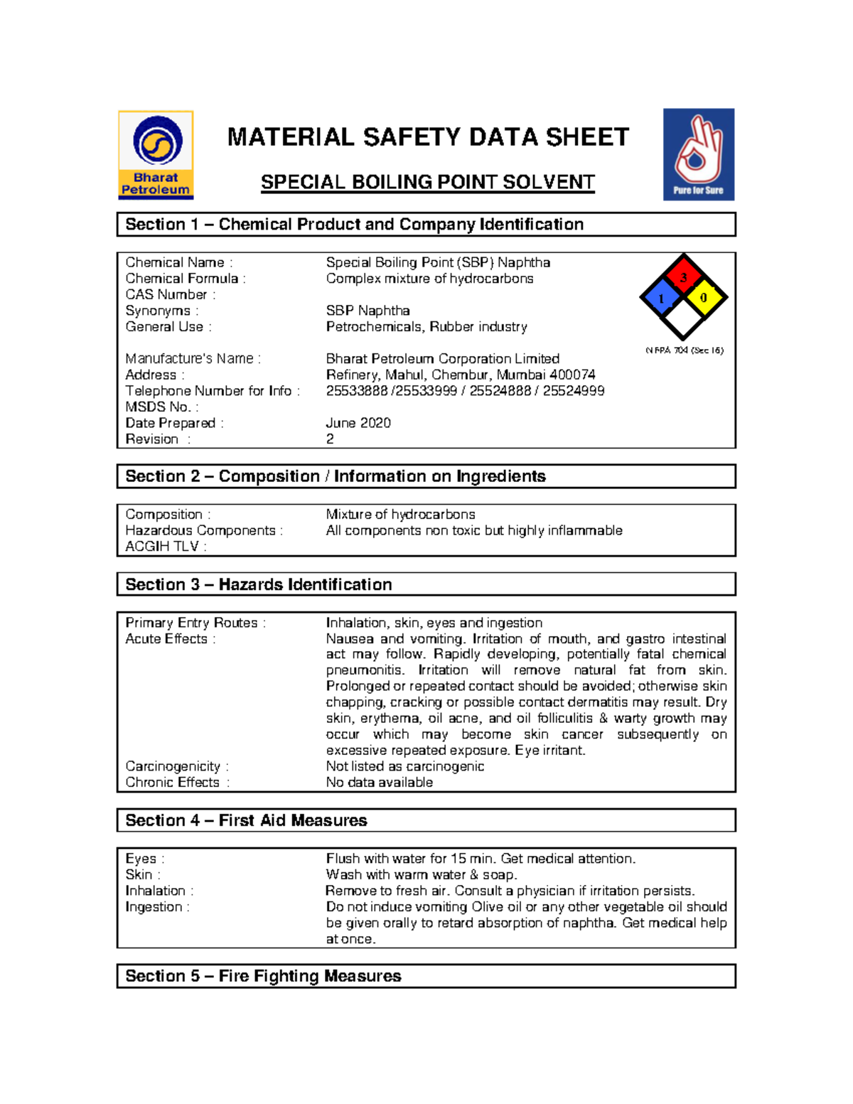 Special Boiling Point Solvent MSDS (Material Safety Data Sheet) - Studocu