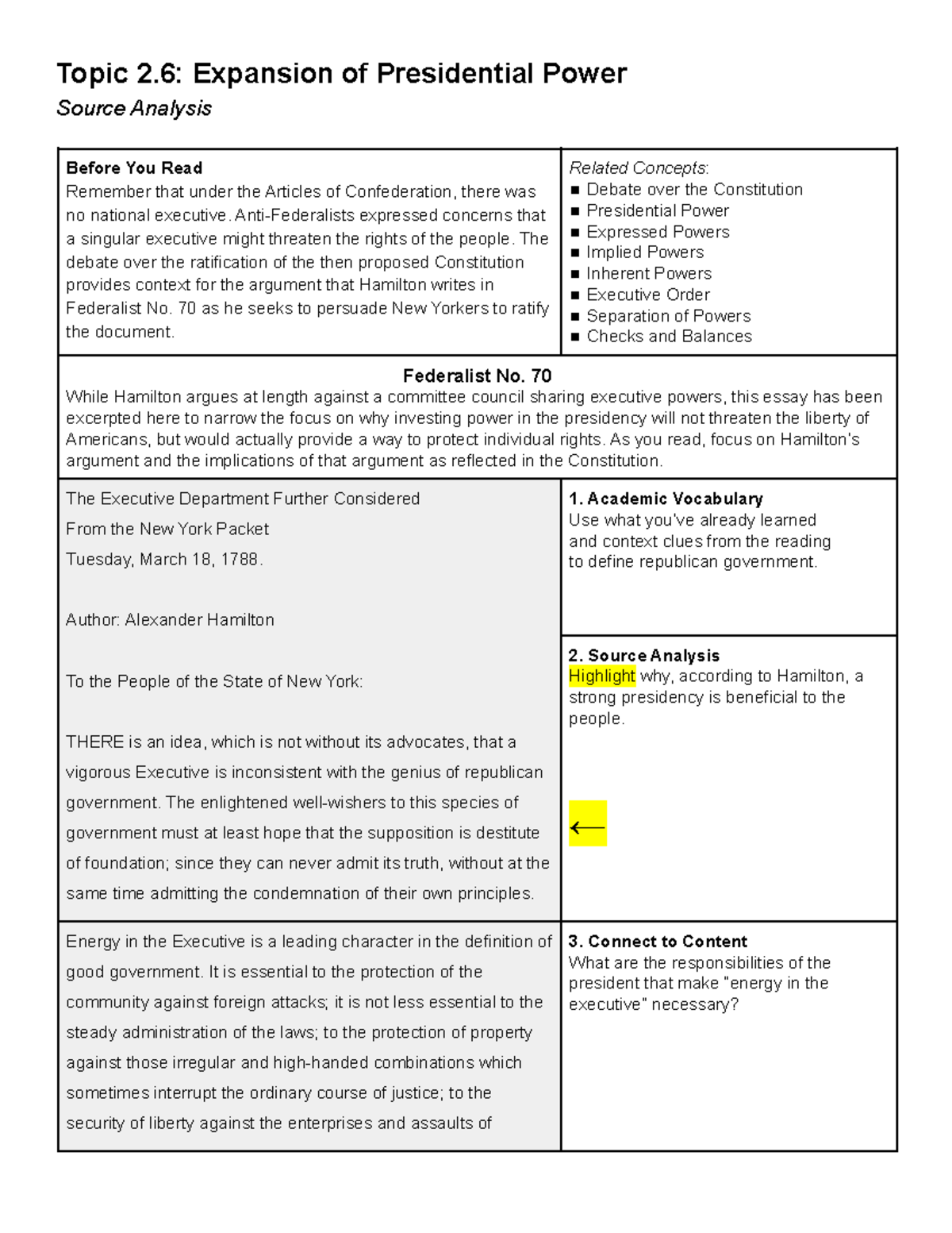 Analytical Reading: Federalist No. 70 - Examining Presidential Power ...
