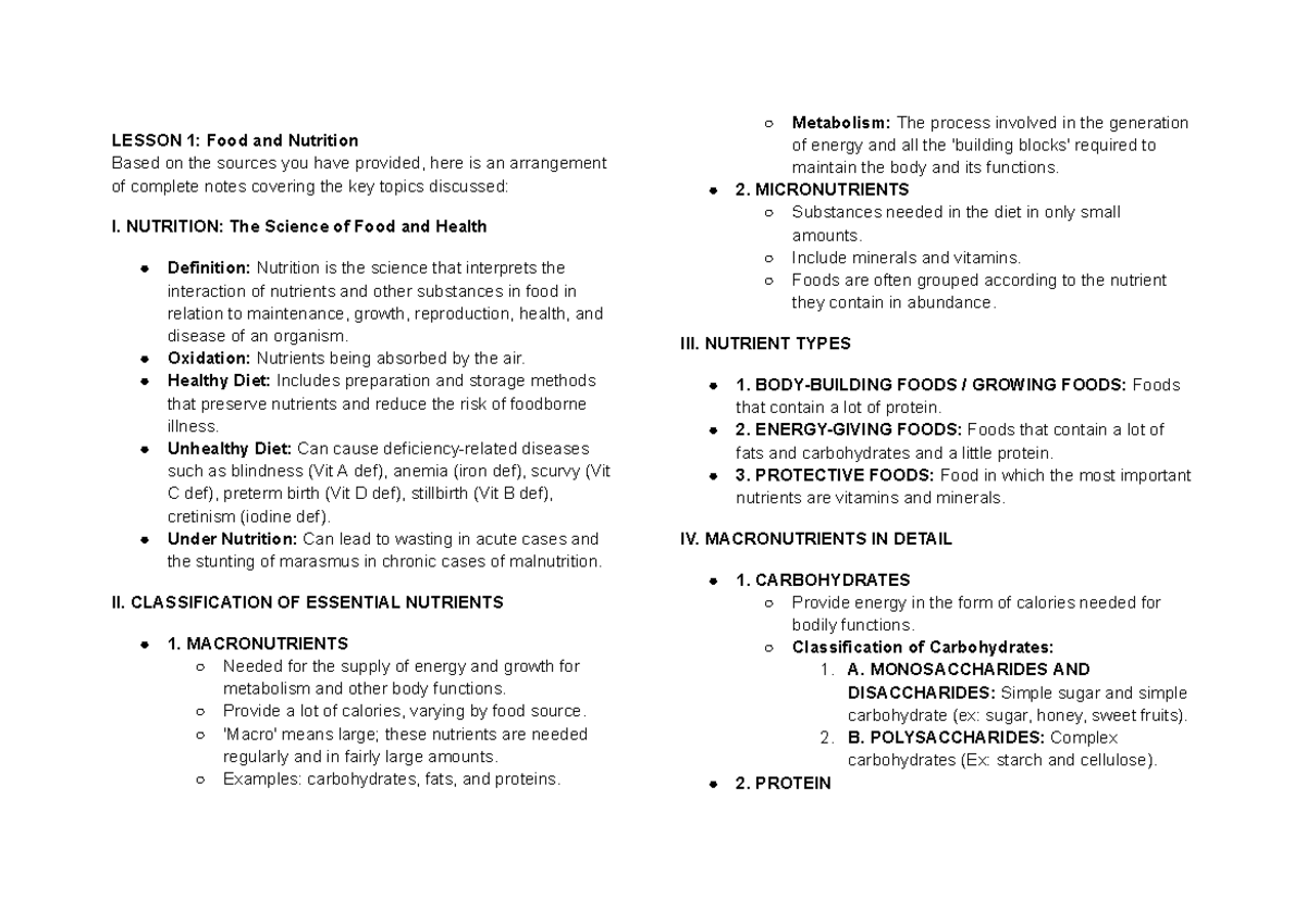 CPH LEC Midterms - CPH LEC MIDTERM NOTES CONTENT: - FOOD AND NUTRITION ...