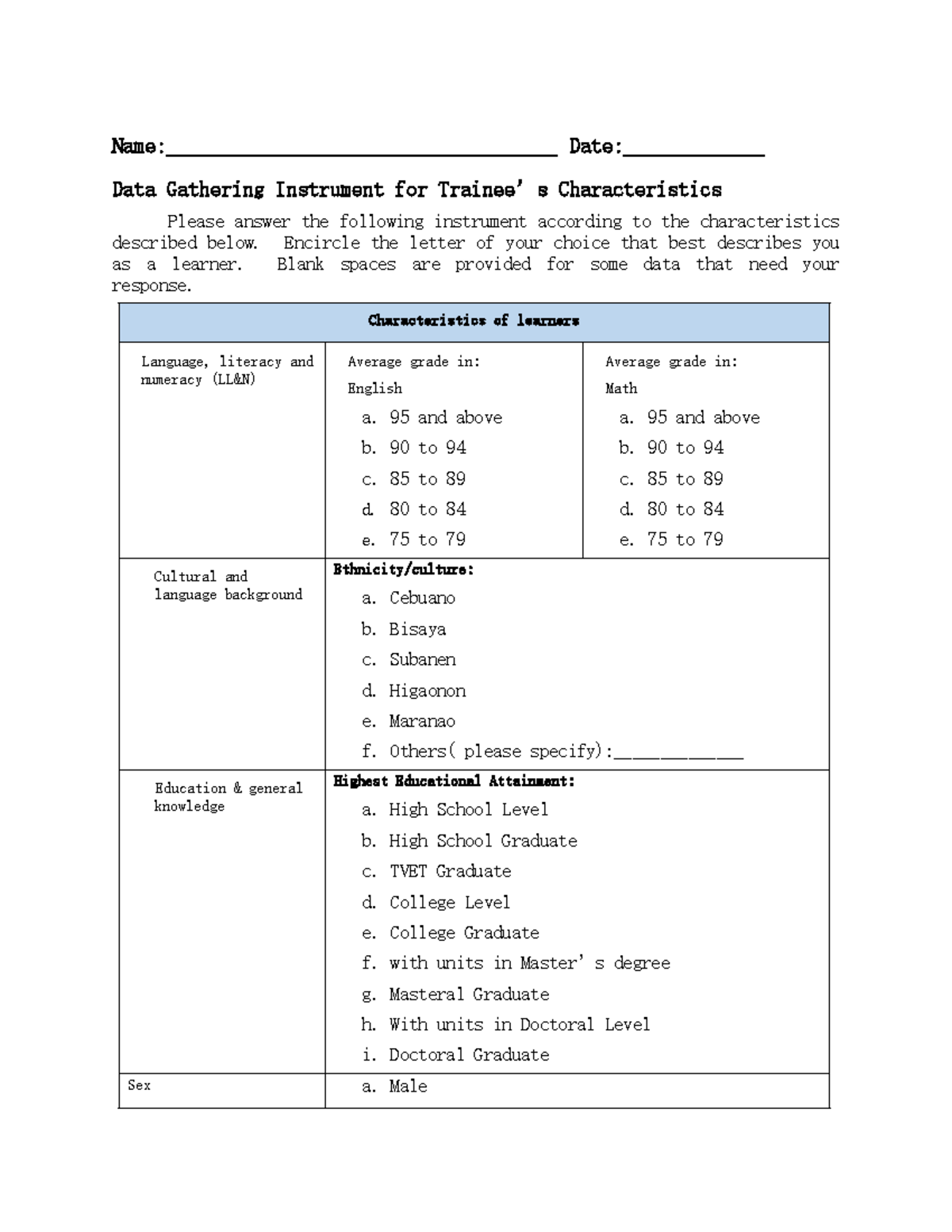 Data Gathering Instrument for Learner Characteristics Analysis - Studocu