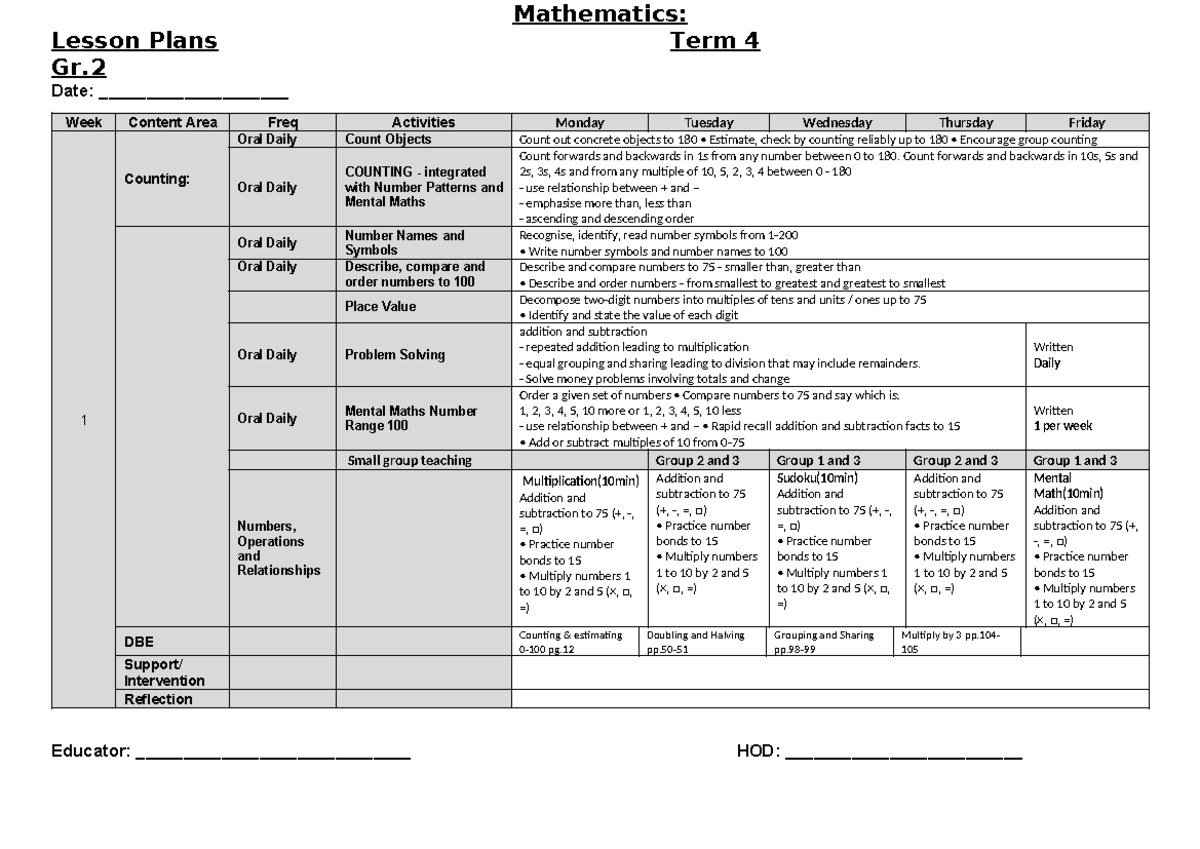 Mathematics: Term 4 Lesson Plans for Grade 2 (Gr.2) - Studocu