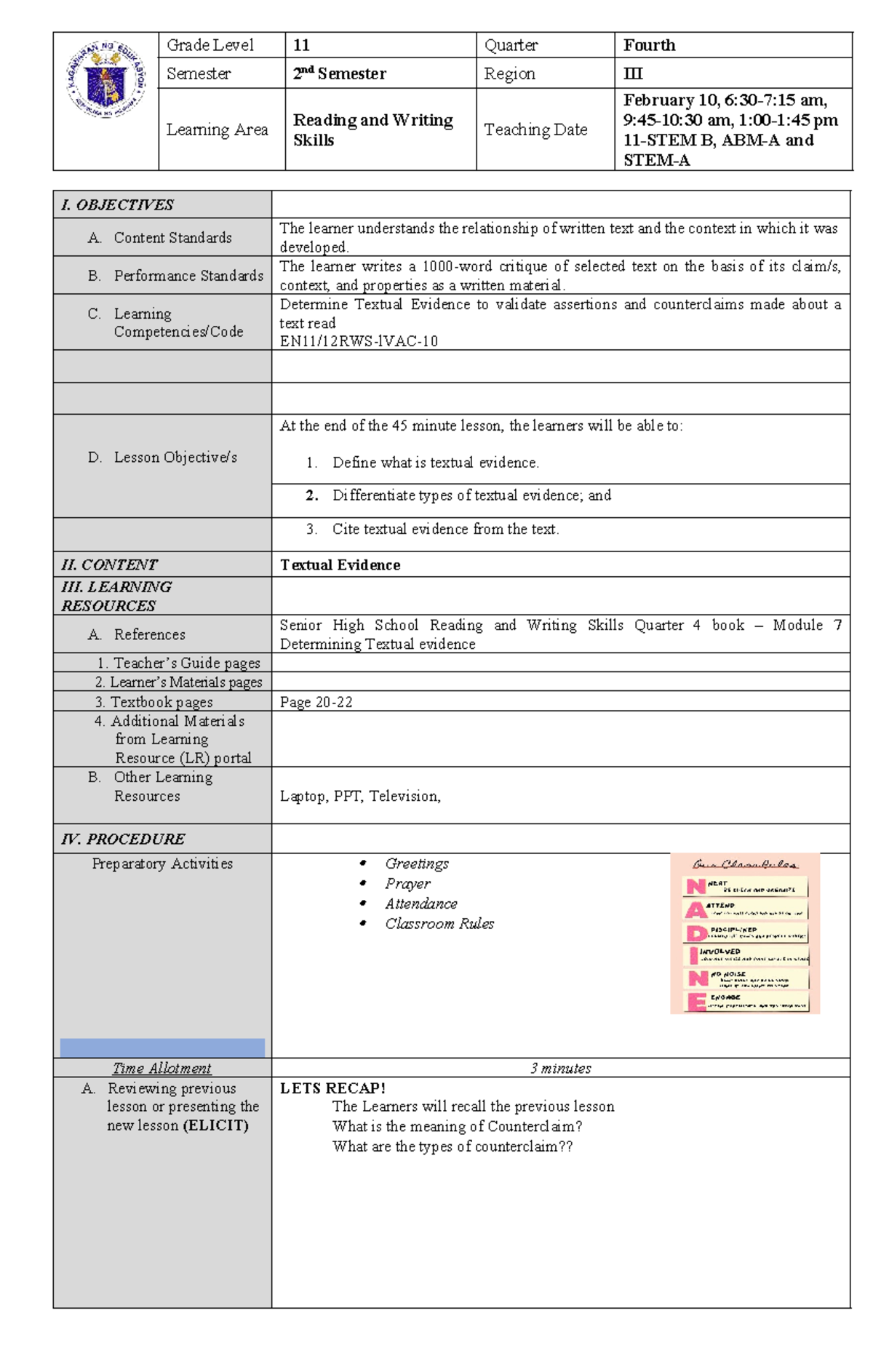 Grade 11 Reading & Writing Skills Lesson Plan: Textual Evidence Module ...