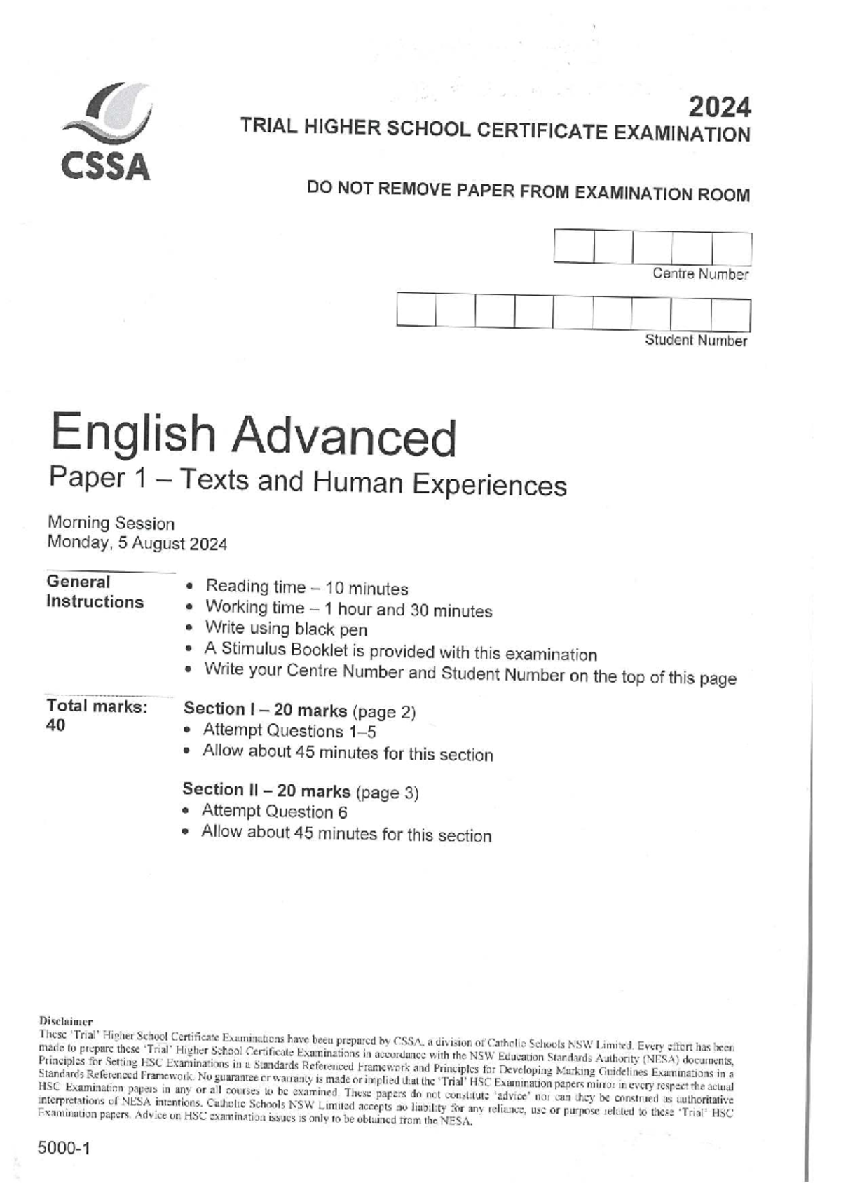 CSSA 2024 Trial HSC English Advanced Paper 1 Questions - Studocu
