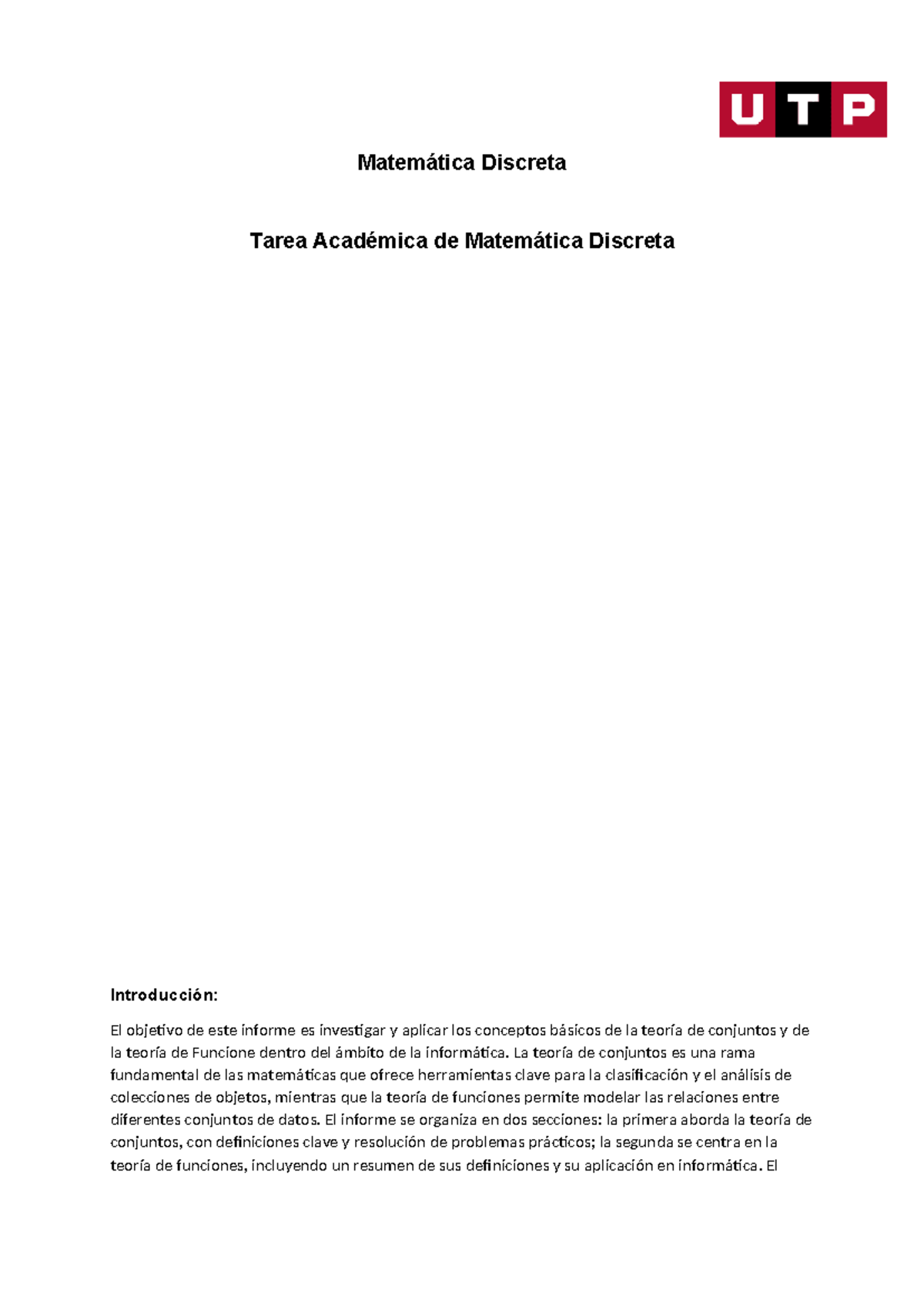 Tarea Académica 1: Teoría de Conjuntos y Funciones en Matemática Discreta - Studocu
