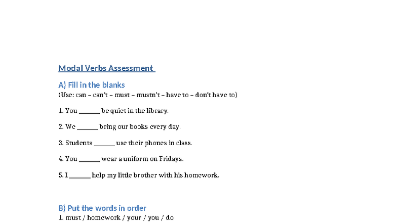 Modal Verbs Assessment: Fill in the Blanks & Sentence Correction - Studocu