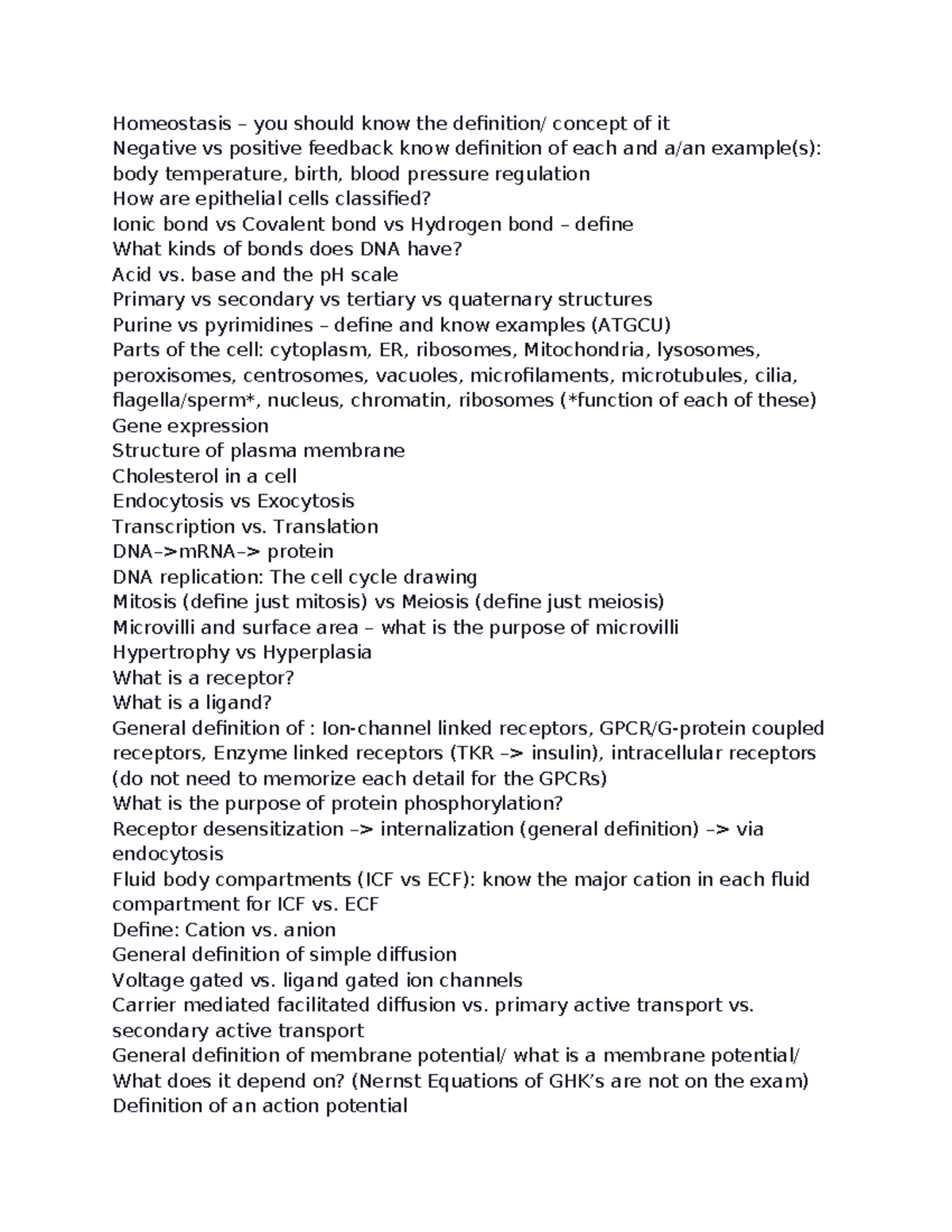 Biology Review Notes: Homeostasis, Cell Structures & Functions (BIO101 ...