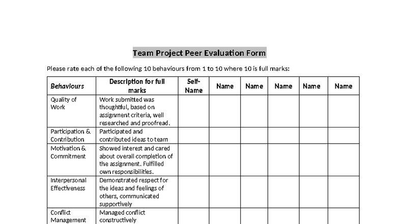 Team Project Peer Evaluation Form - Participation & Contribution ...