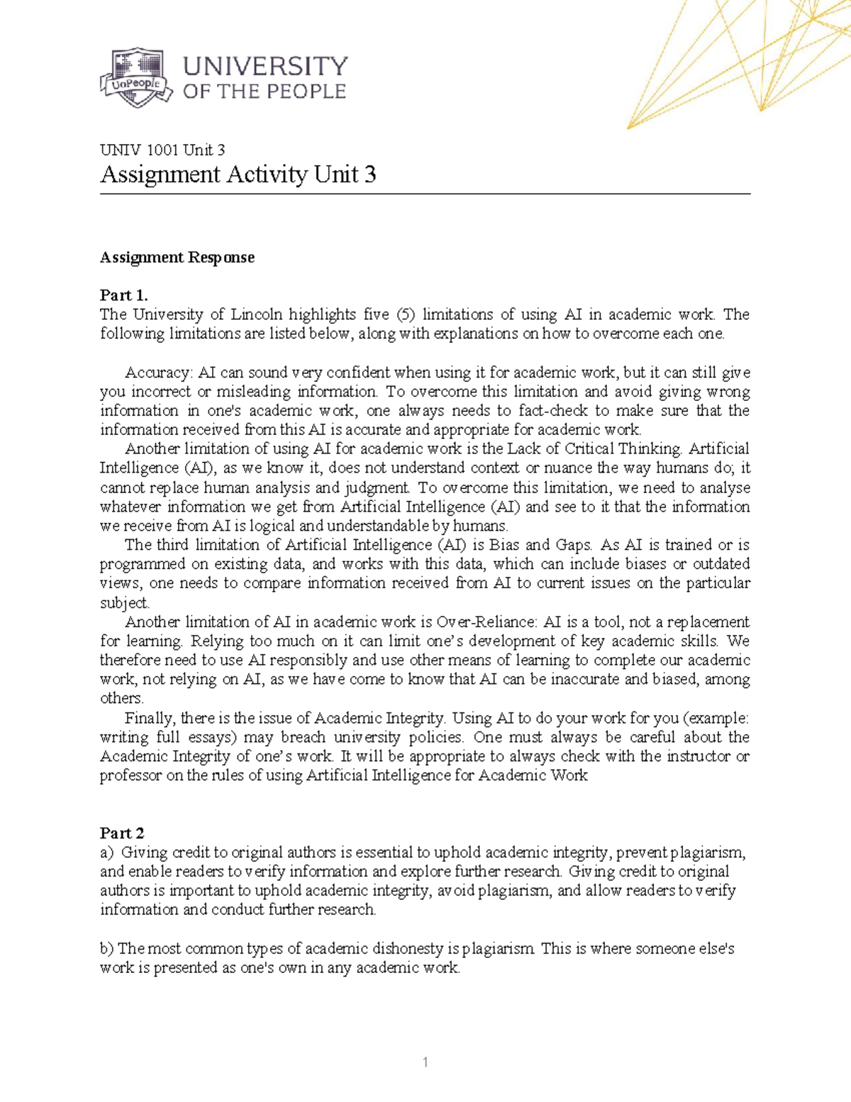 UNIV 1001 Unit 3 Assignment: Limitations of AI in Academia - Studocu