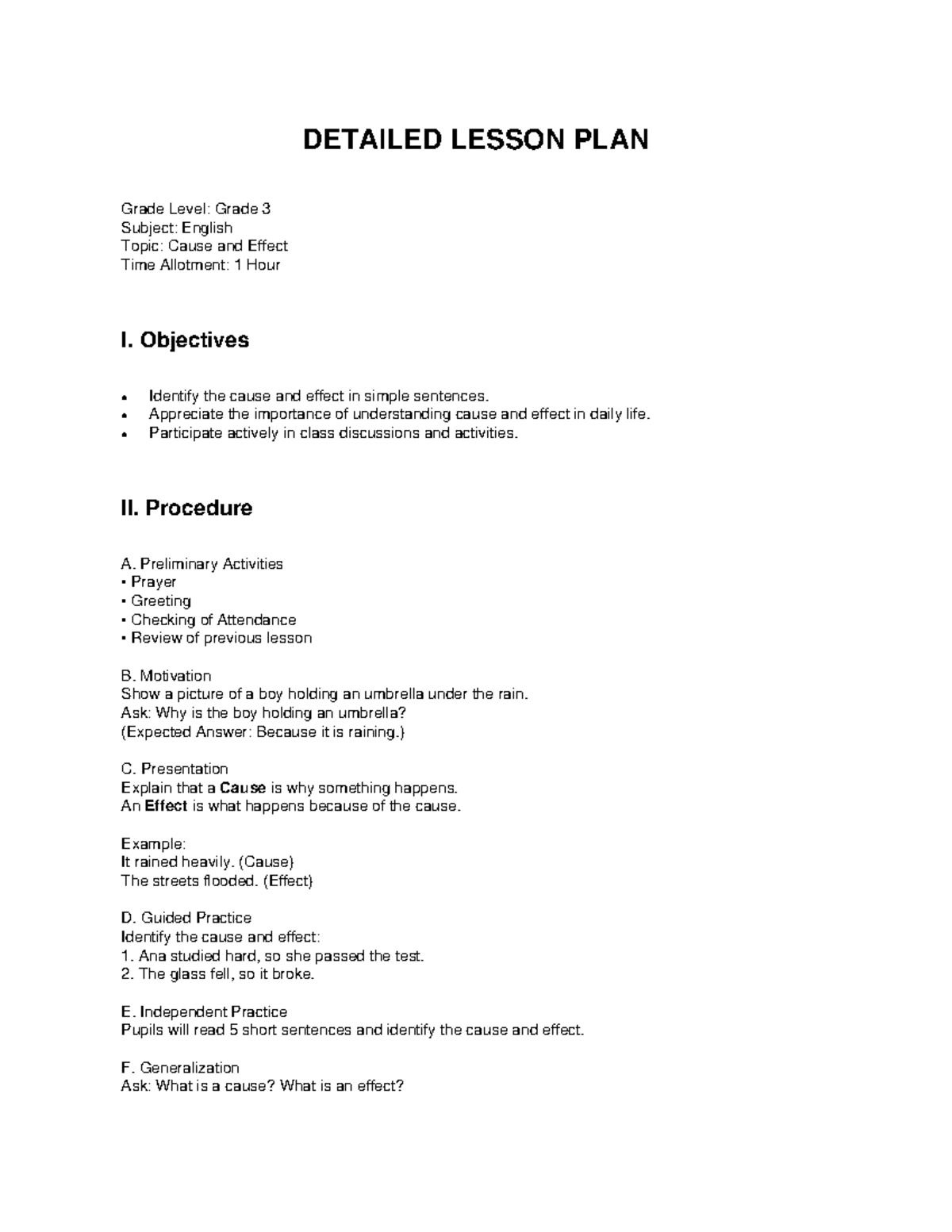 Grade 3 English Lesson Plan: Understanding Cause and Effect - Studocu