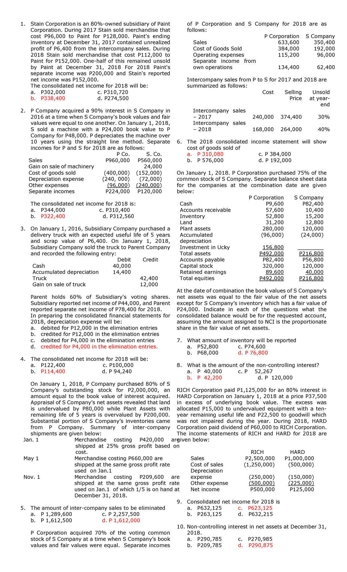 PRACTICE PROBLEMS FOR AFAR 101: CONSOLIDATED INCOME STATEMENTS - Studocu