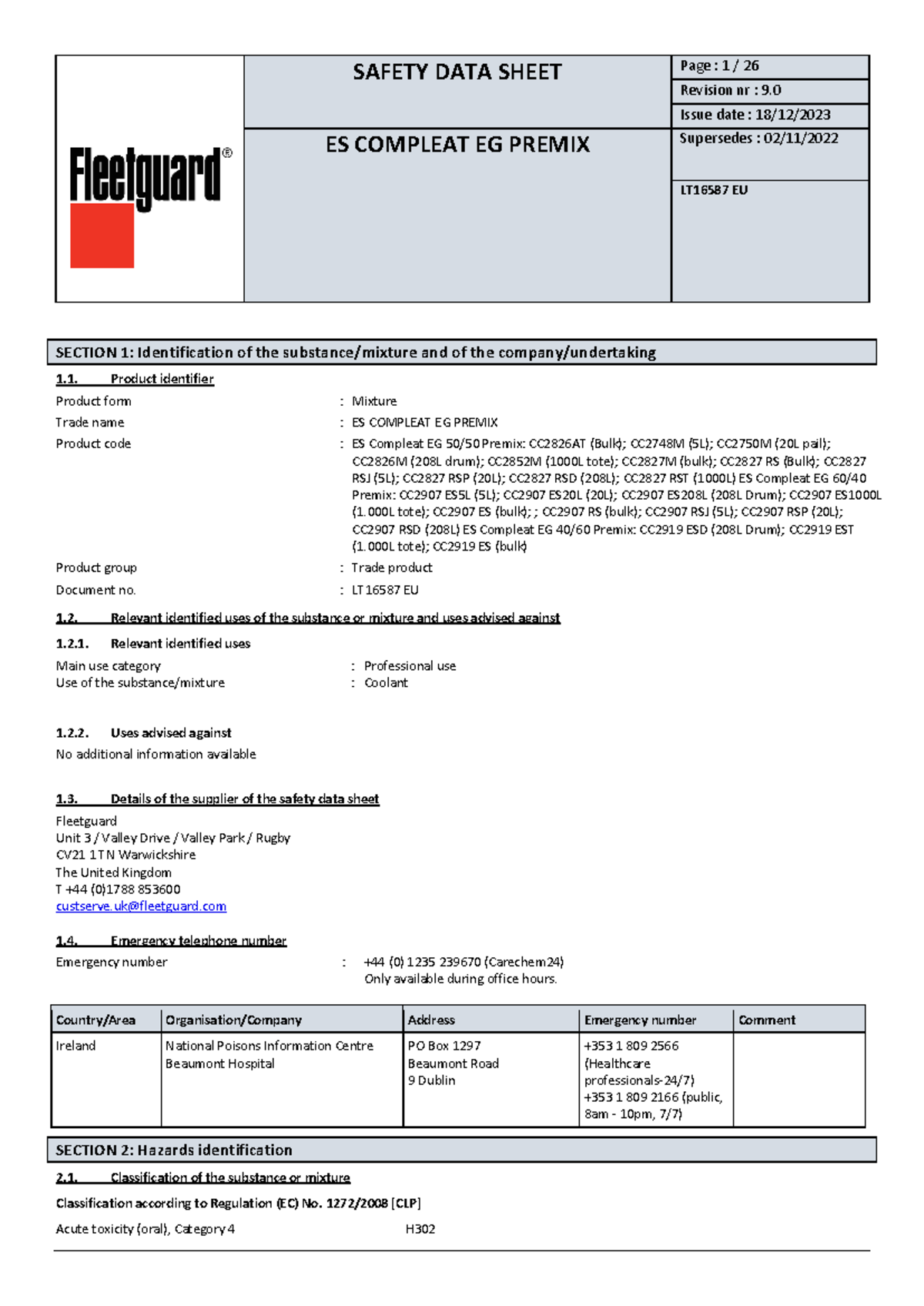 Safety Data Sheet: ES Compleat EG Premix (Revision 9.0) - Studocu