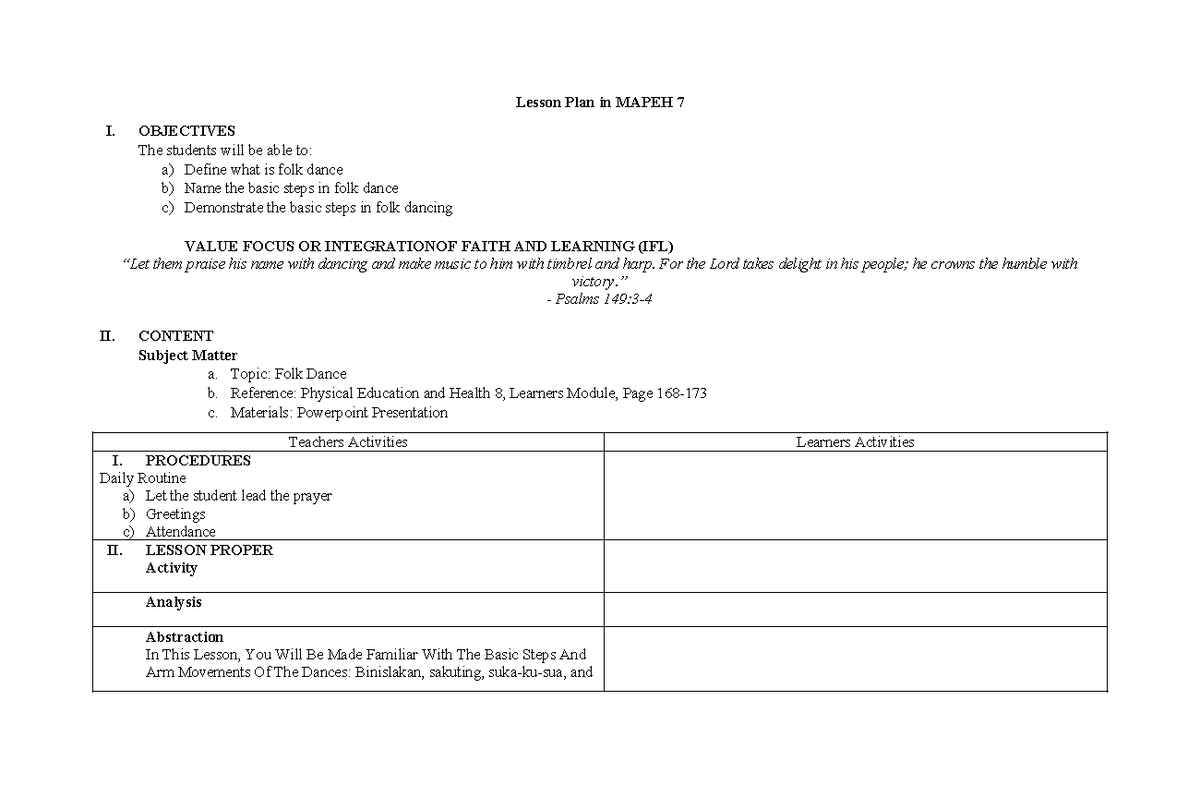 Lesson plan for MAPEH 7: Folk dance basics and activities - Studocu