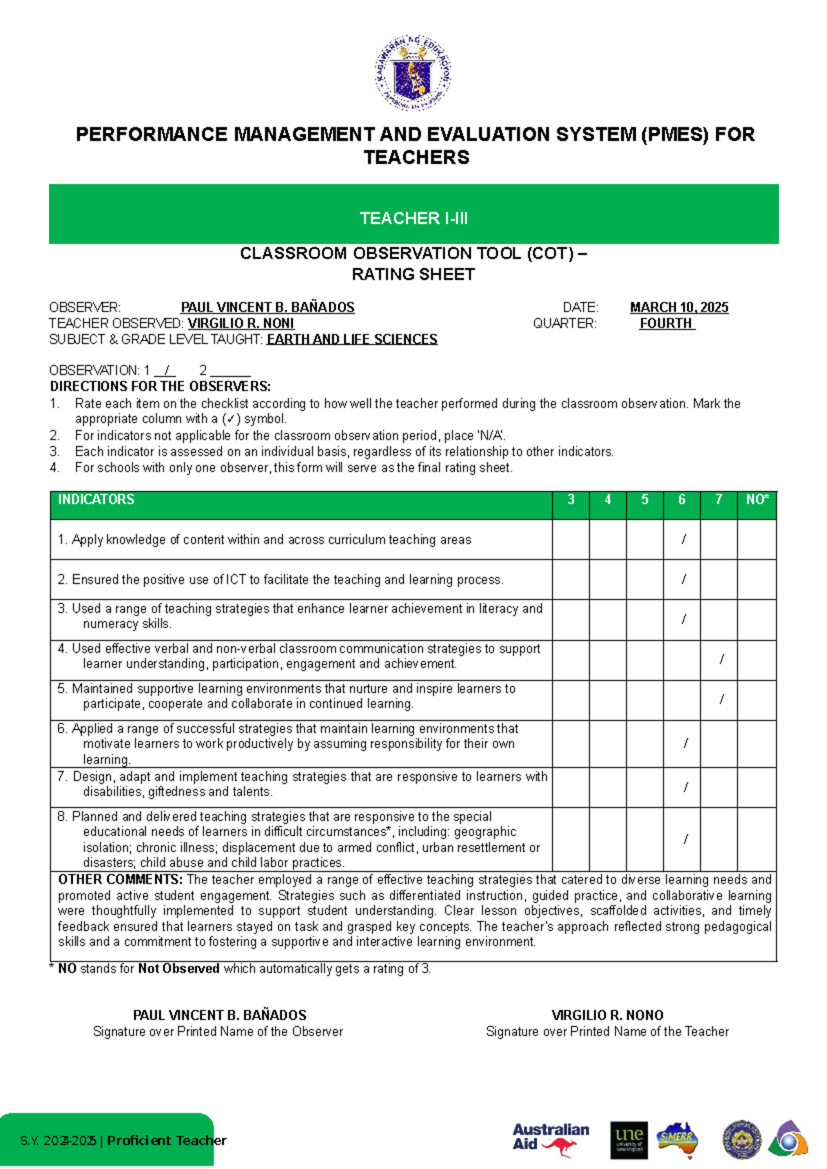 COT Rating Sheet for Teacher Performance Evaluation (S.Y. 2025) - Studocu
