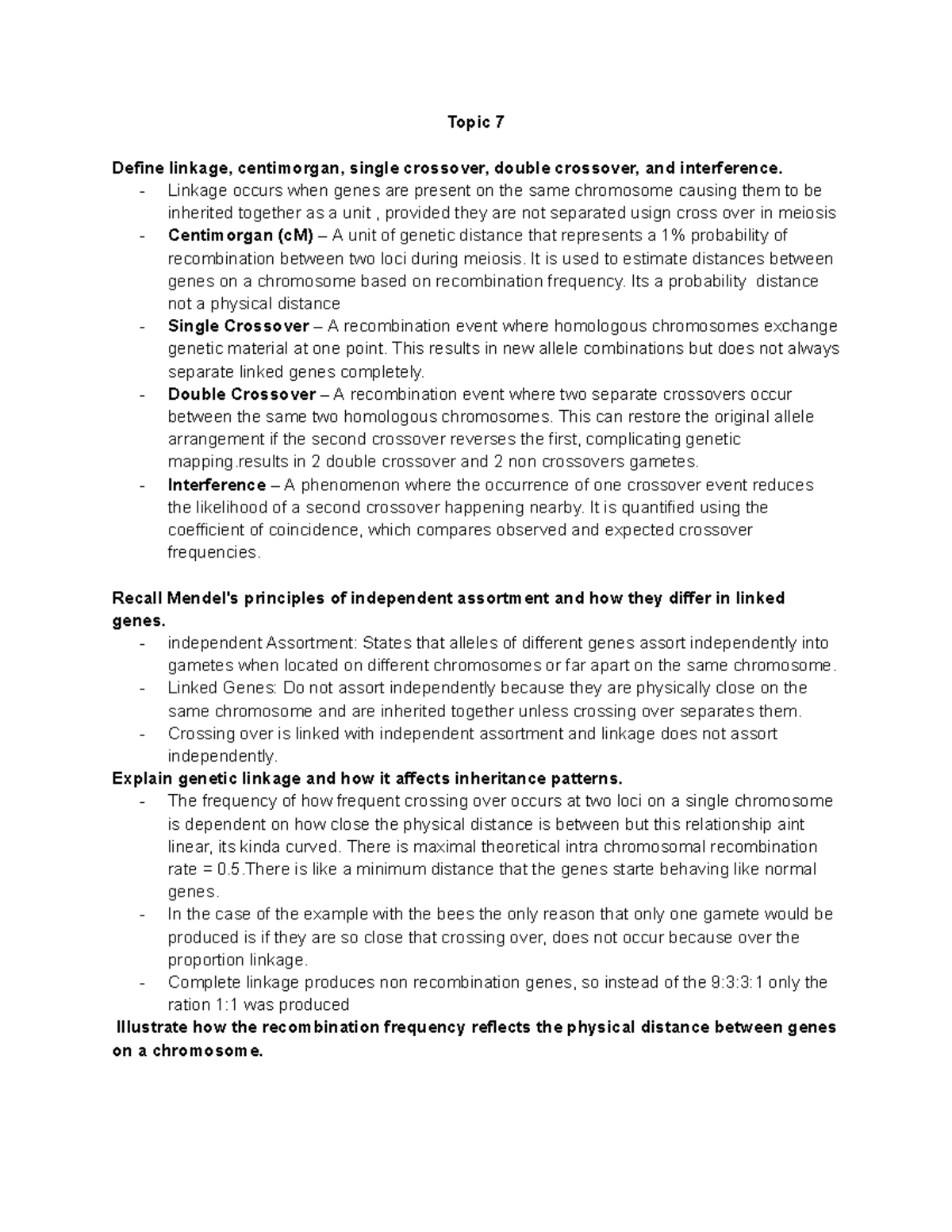BIO 2333 Genetics Midterm 2 Notes - Topic 7 Define linkage, centimorgan ...