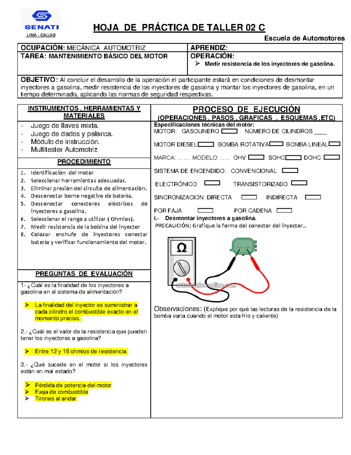 Hoja de Práctica Taller 02C: Medir Resistencia de Inyectores - Studocu