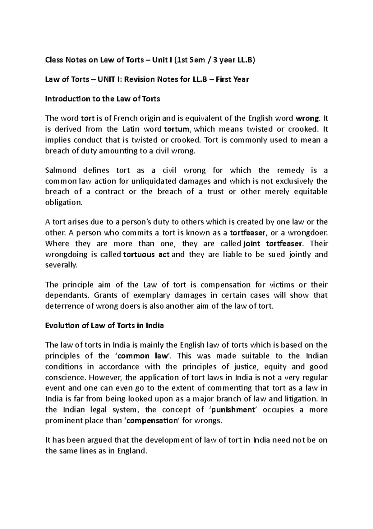 LLB Notes- Law of torts Complete Units - Class Notes on Law of Torts ...