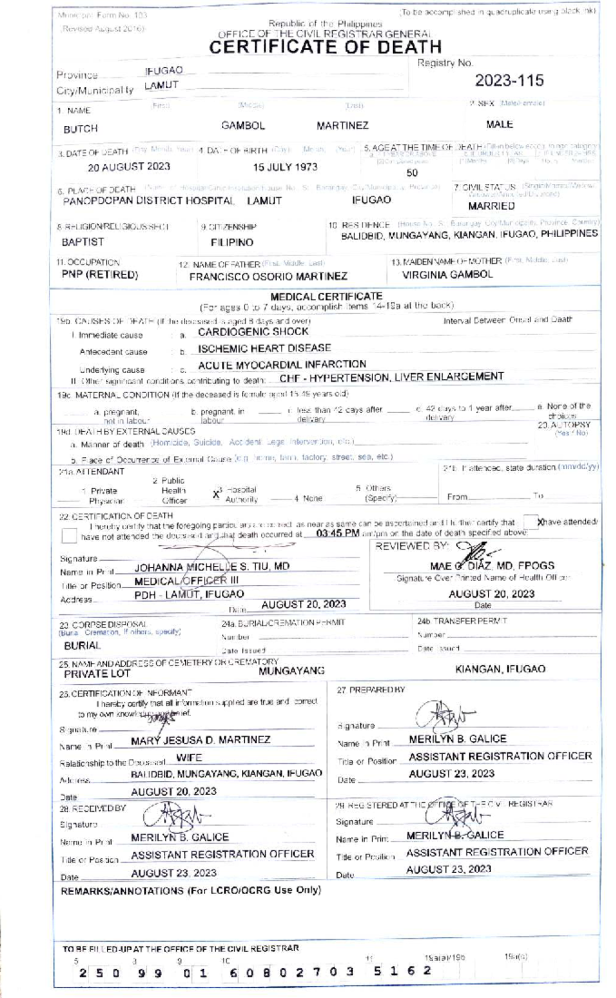 Certificate of Death - Municipal Form No. 103 (Ifugao) - Studocu
