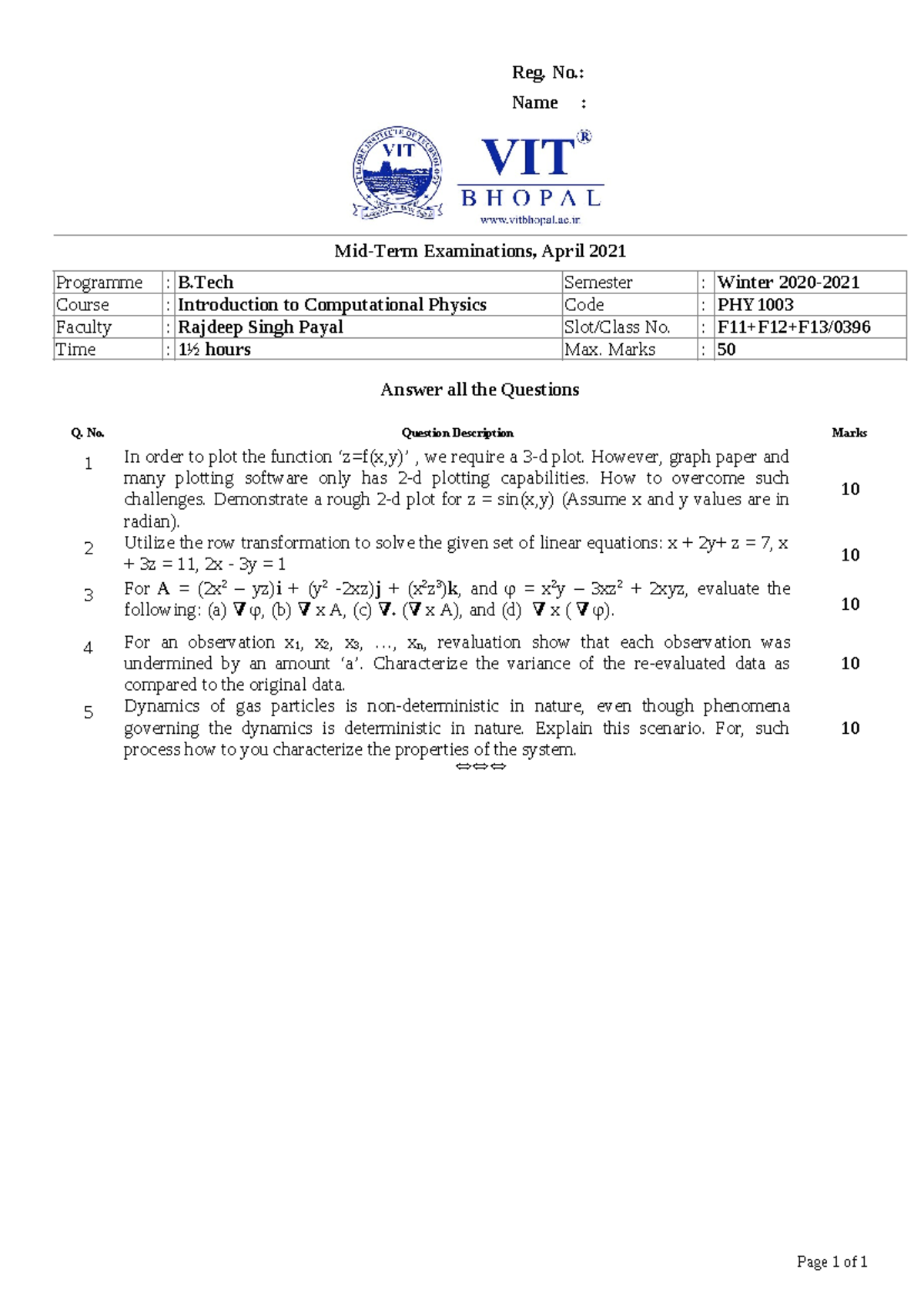 PHY1003-F11 Mid-Term Exam - Computational Physics Question Paper - Studocu