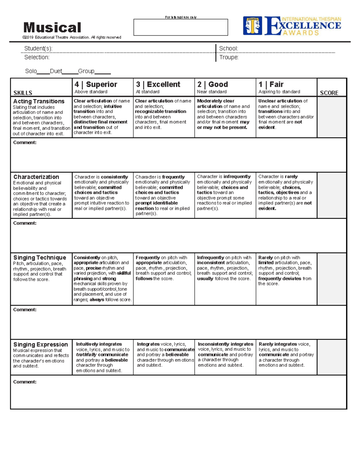 Musical Theatre Evaluation Rubric for Performance Assessment - Studocu