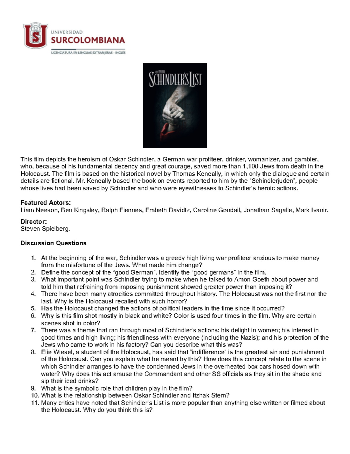 Schindlers list discussion questions - This film depicts the heroism of ...