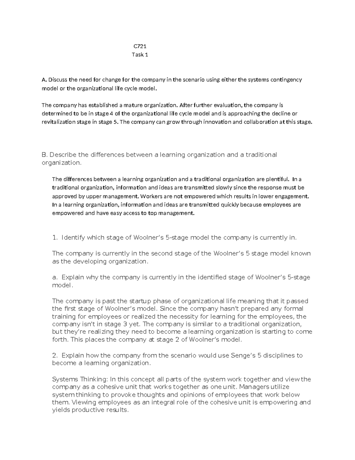 Femi O C721 - Task 1 - Copy - C Task 1 A. Discuss the need for change ...