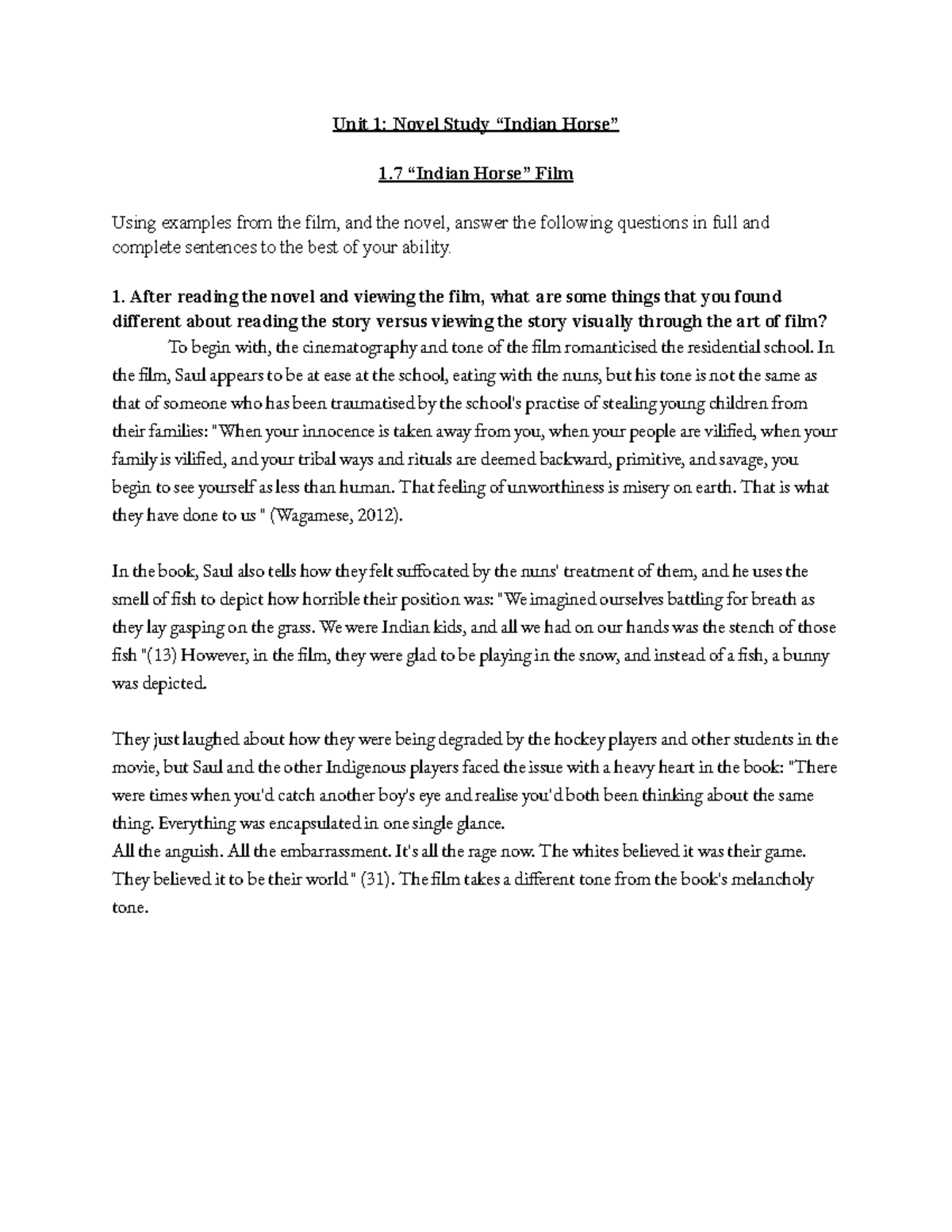 Unit 1: Novel & Film Study of "Indian Horse" Insights & Analysis - Studocu
