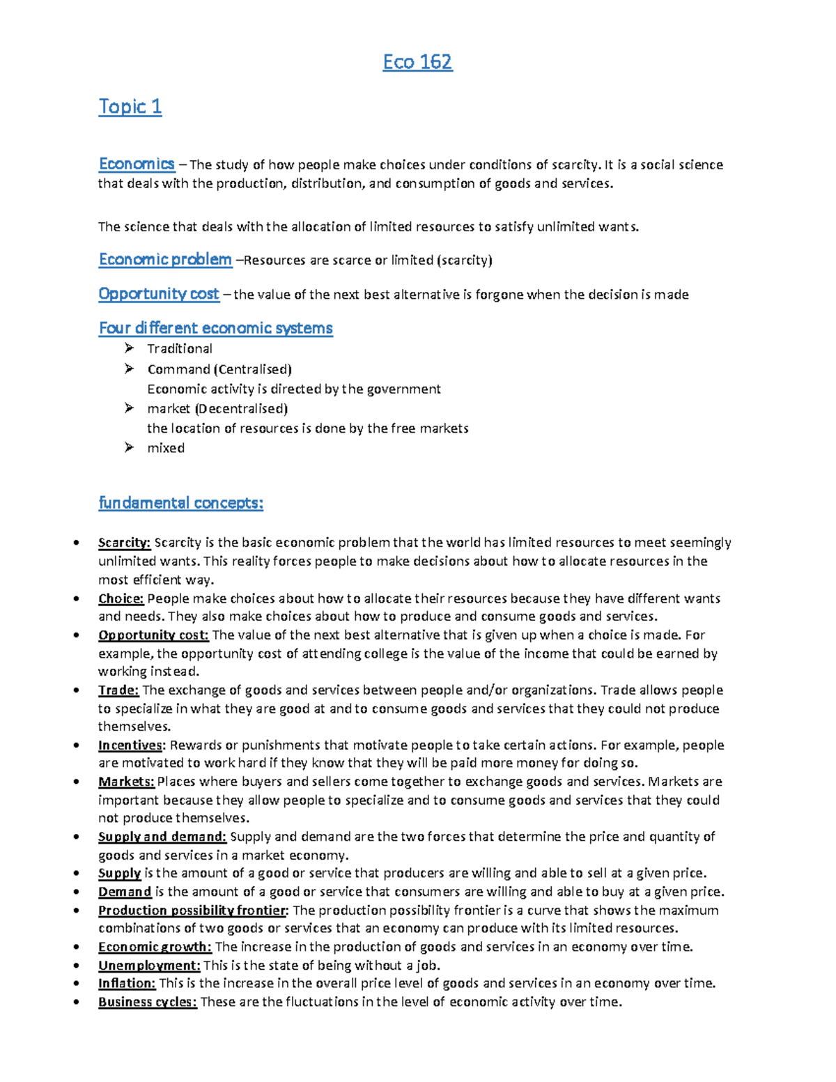 Eco 162 Exam Notes - Key Economic Concepts and Systems Summary - Studocu