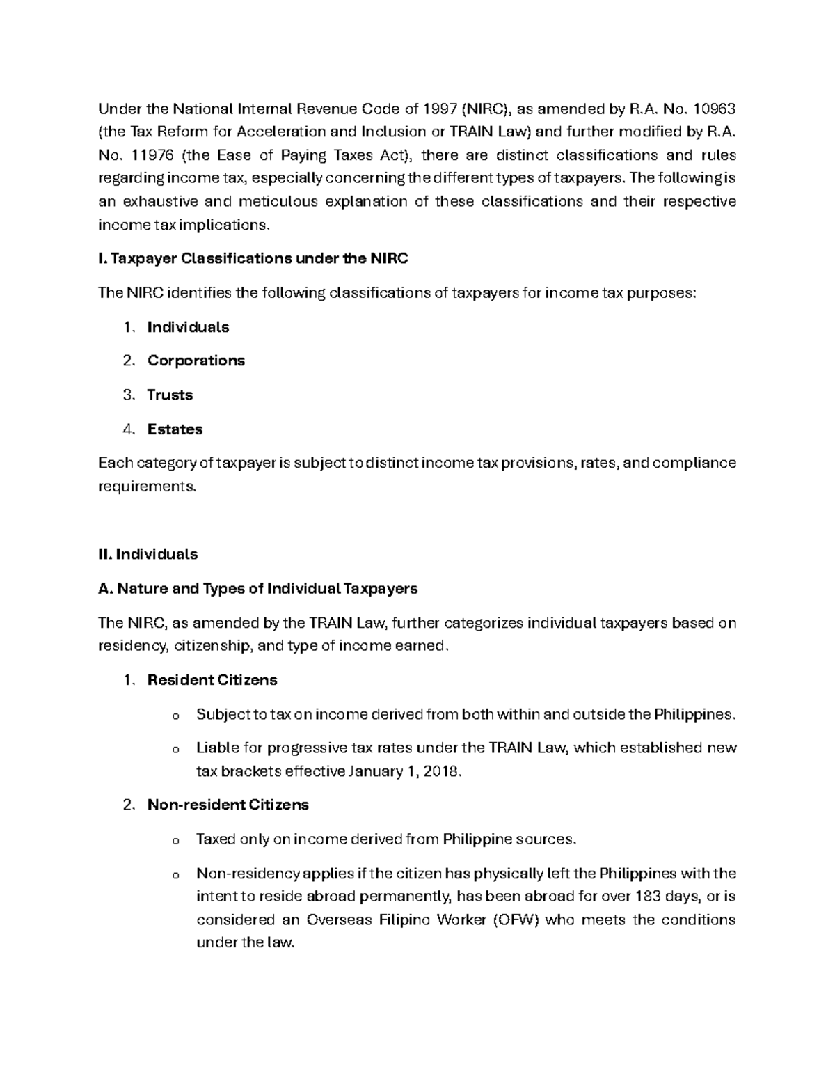 Taxpayer Classifications and Income Tax Implications under NIRC 1997 ...