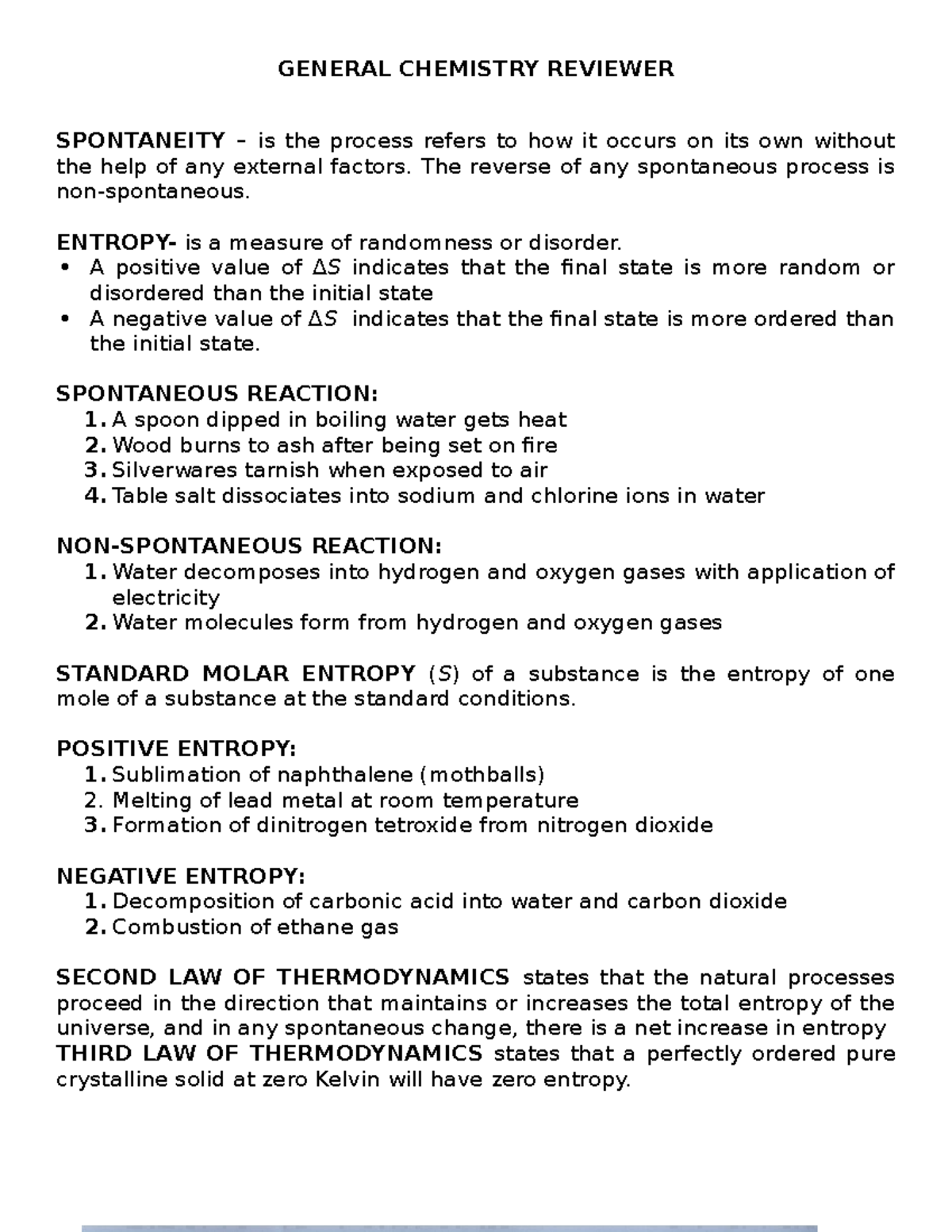 GENERAL CHEMISTRY REVIEWER 2: SPONTANEITY & ENTROPY PRINCIPLES - Studocu