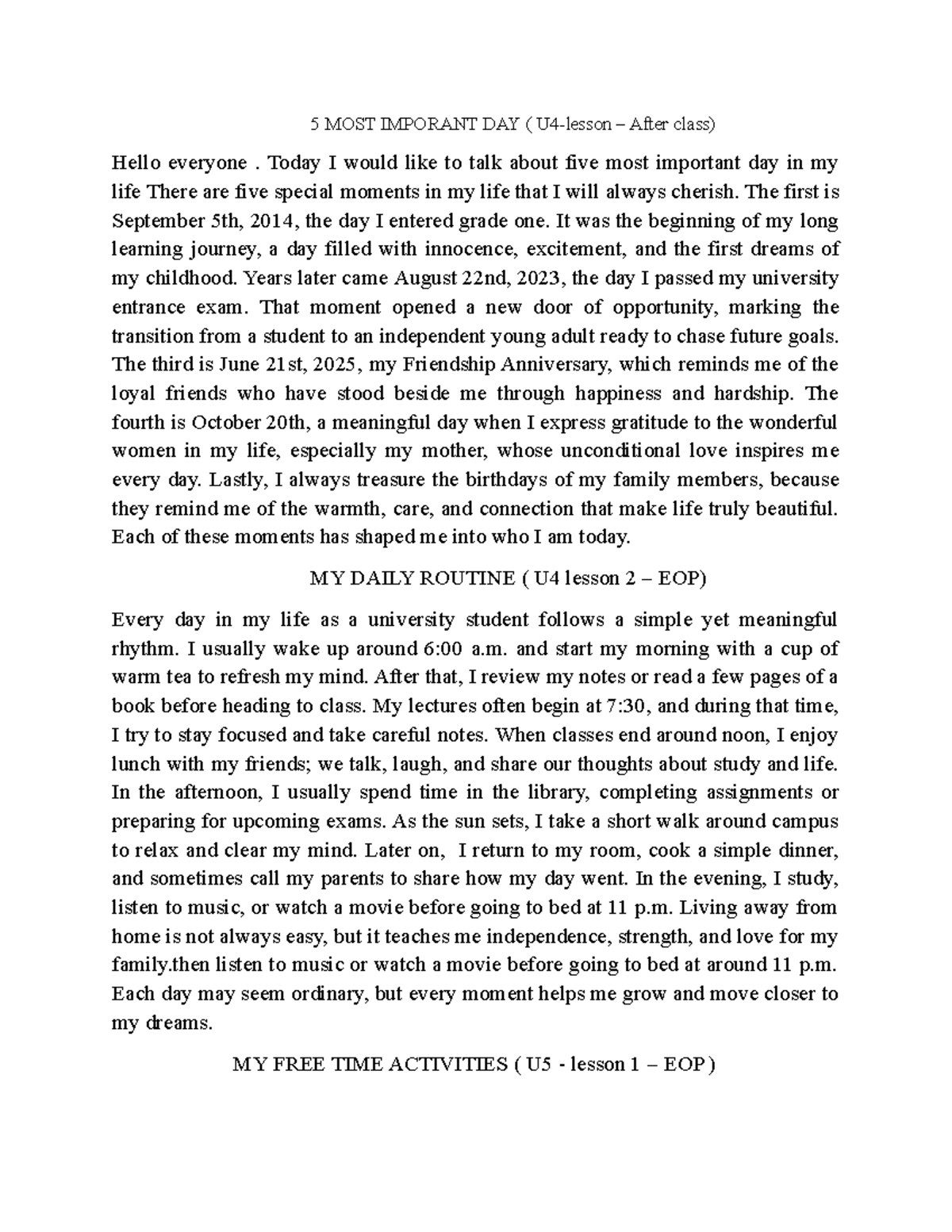 5 Most Important Days in My Life (Speaking - CXXXX) - Studocu