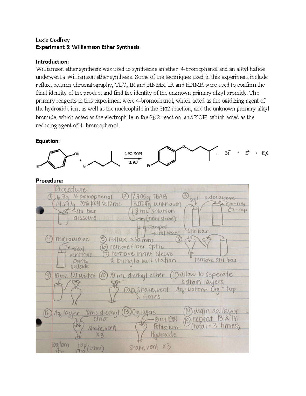 2212 Experiment 3 Lab Report: Synthesizing Ethers via Williamson Method ...