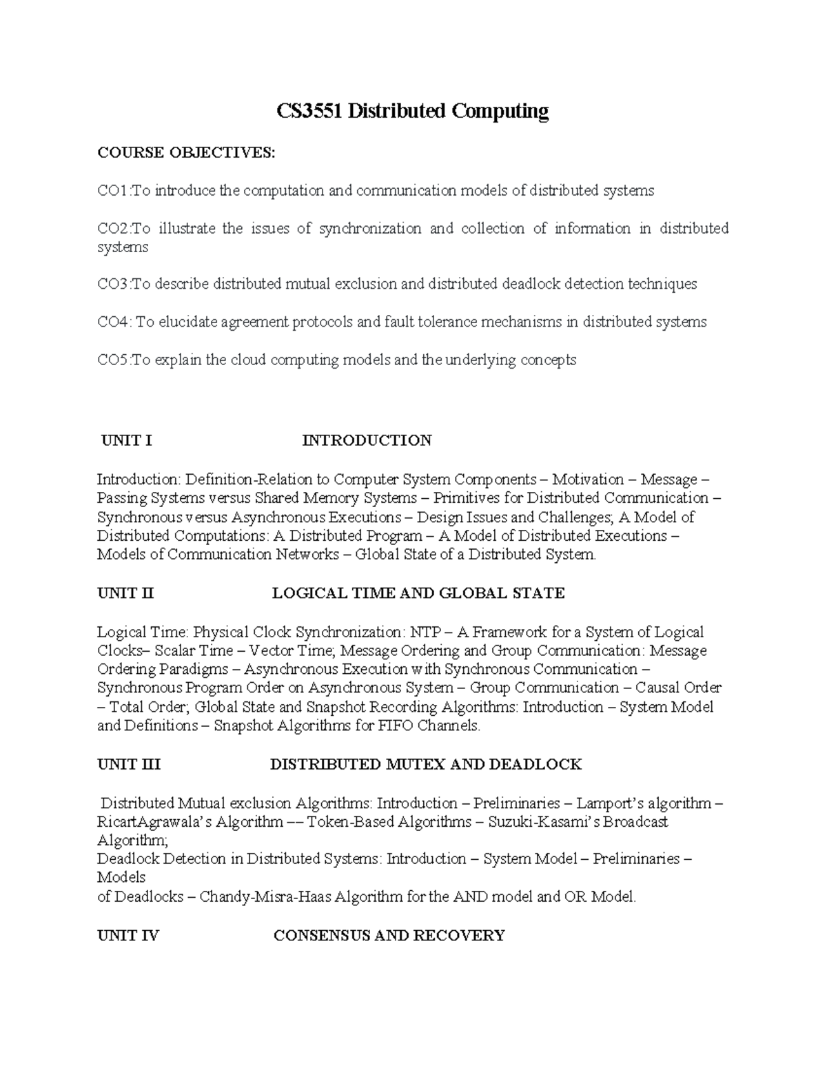 CS3551 Distributed Computing Syllabus Overview and Key Concepts - Studocu