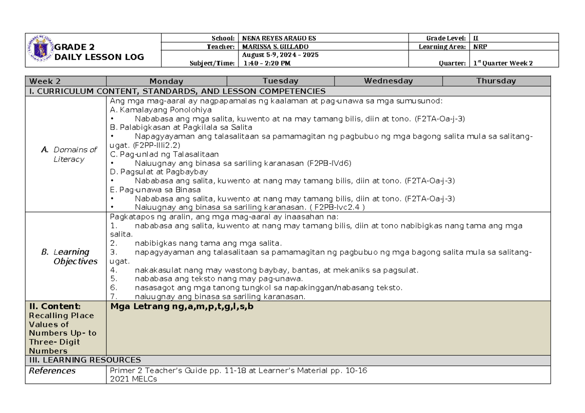 DLL NRP Q1 W2 - Daily Lesson Log for Grade 2 (Aug 5-9, 2024) - Studocu