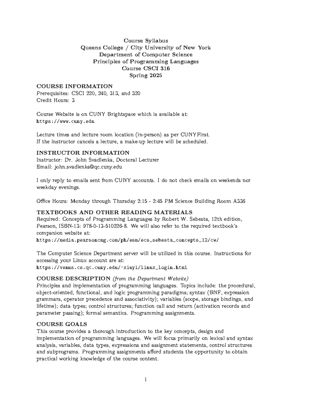 CSCI 316 Principles of Programming Languages Syllabus Spring 2025 - Studocu