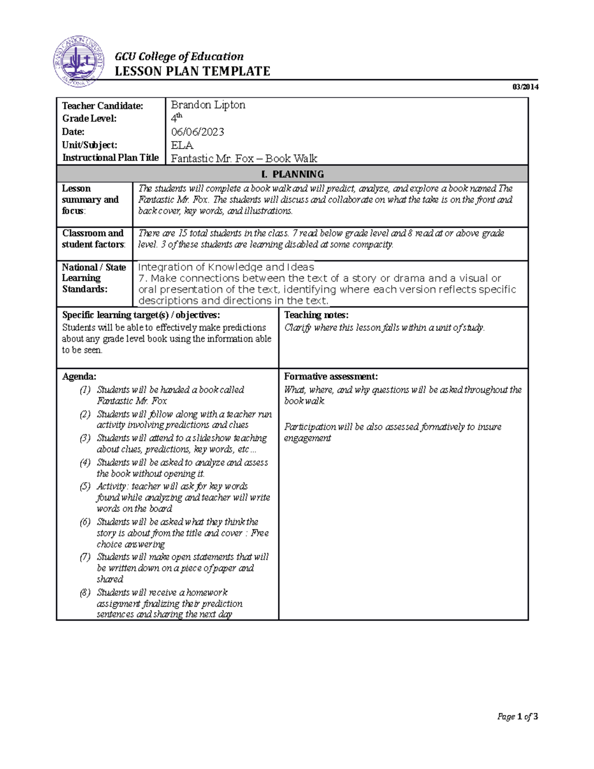 ELM 480 - Lesson Plan for Book Walk on Fantastic Mr. Fox - Studocu