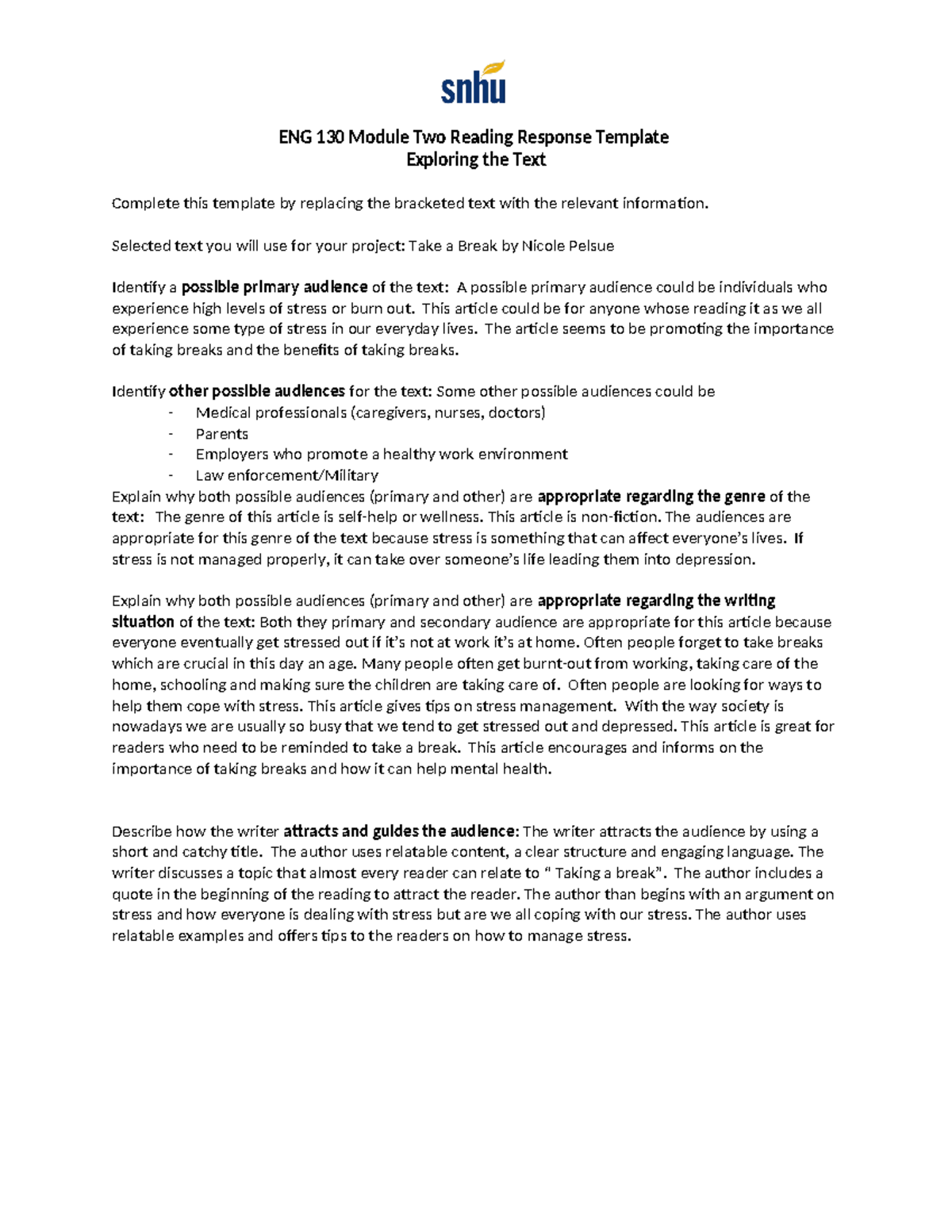 ENG 130 Module Two Reading Response: Analyzing "Take a Break" - Studocu