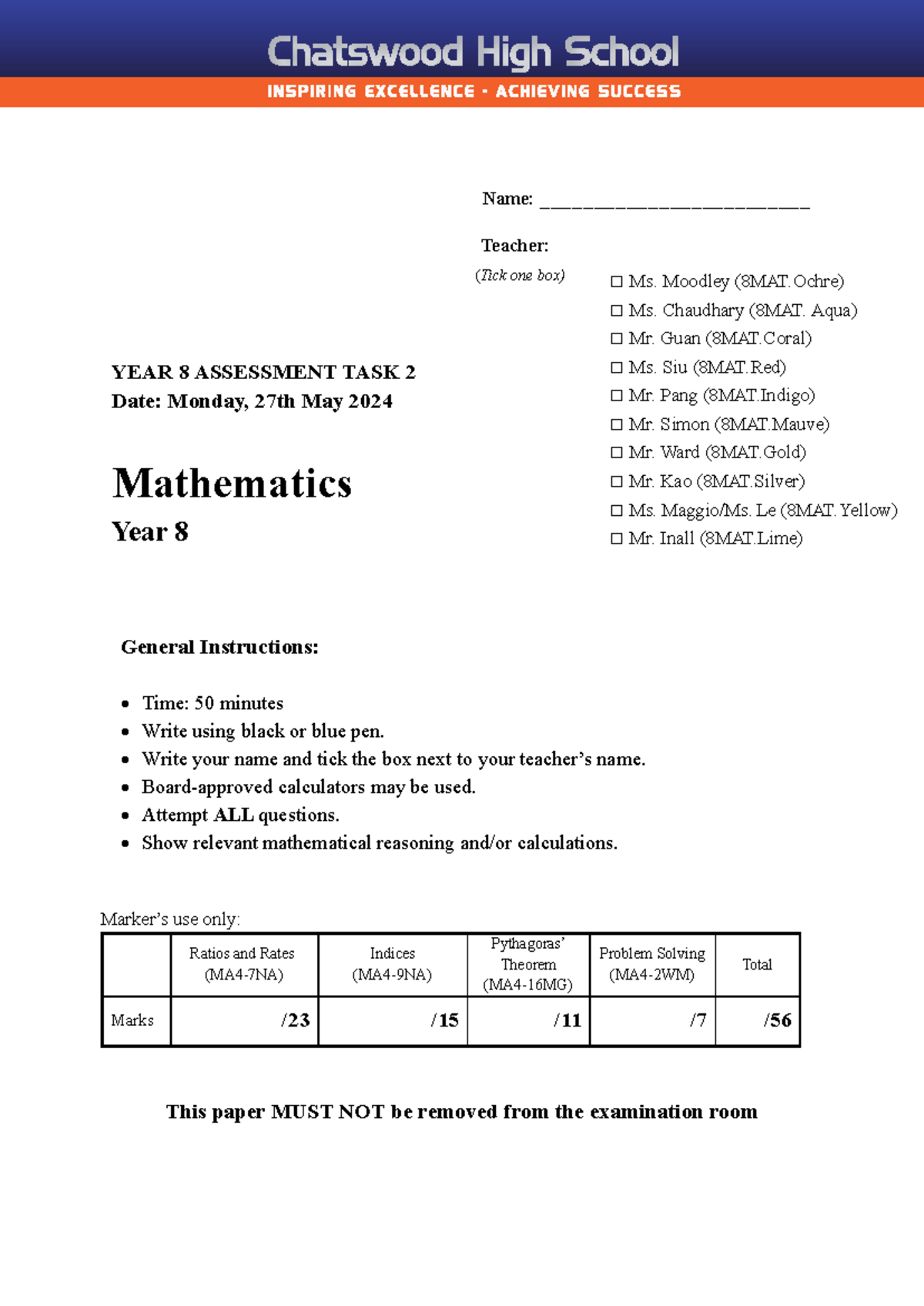 Year 8 Mathematics Assessment Task 2 (8MAT) - Ratios & Indices - Studocu