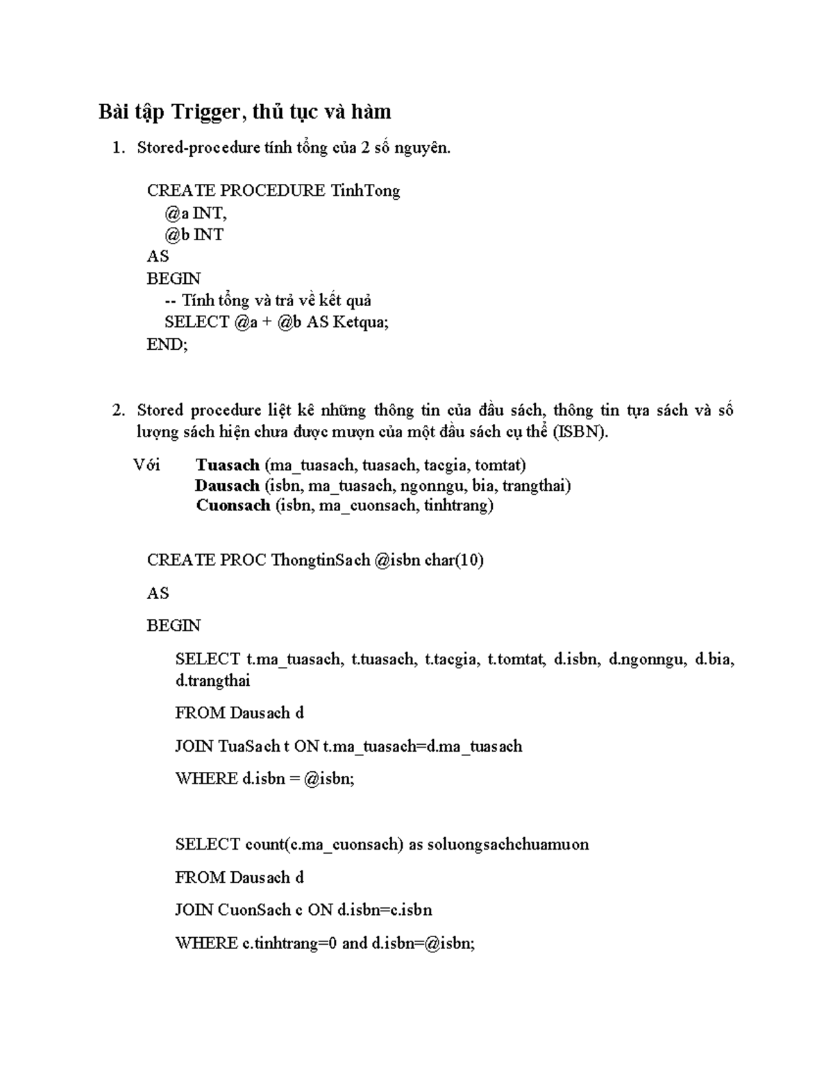 Bài Tập Trigger, Thủ Tục và Hàm - CSDL 23110282 - Studocu