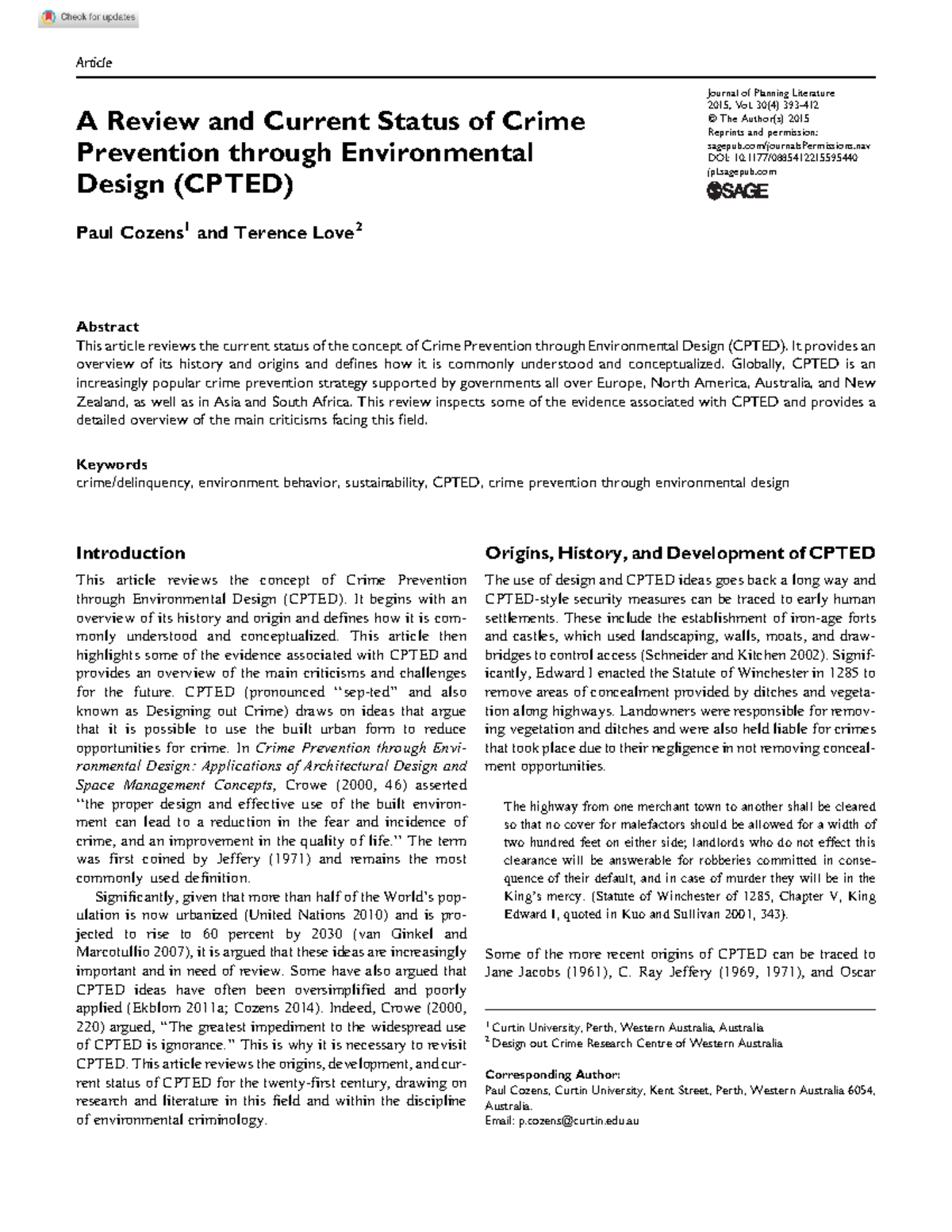 CPTED 2015: A Review of Crime Prevention through Environmental Design ...