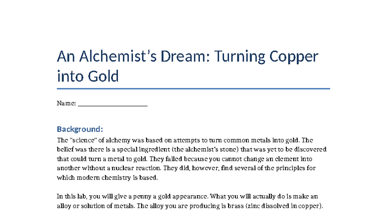 Alchemist Lab Experiment: Turning Copper into Gold (CHEM 101) - Studocu