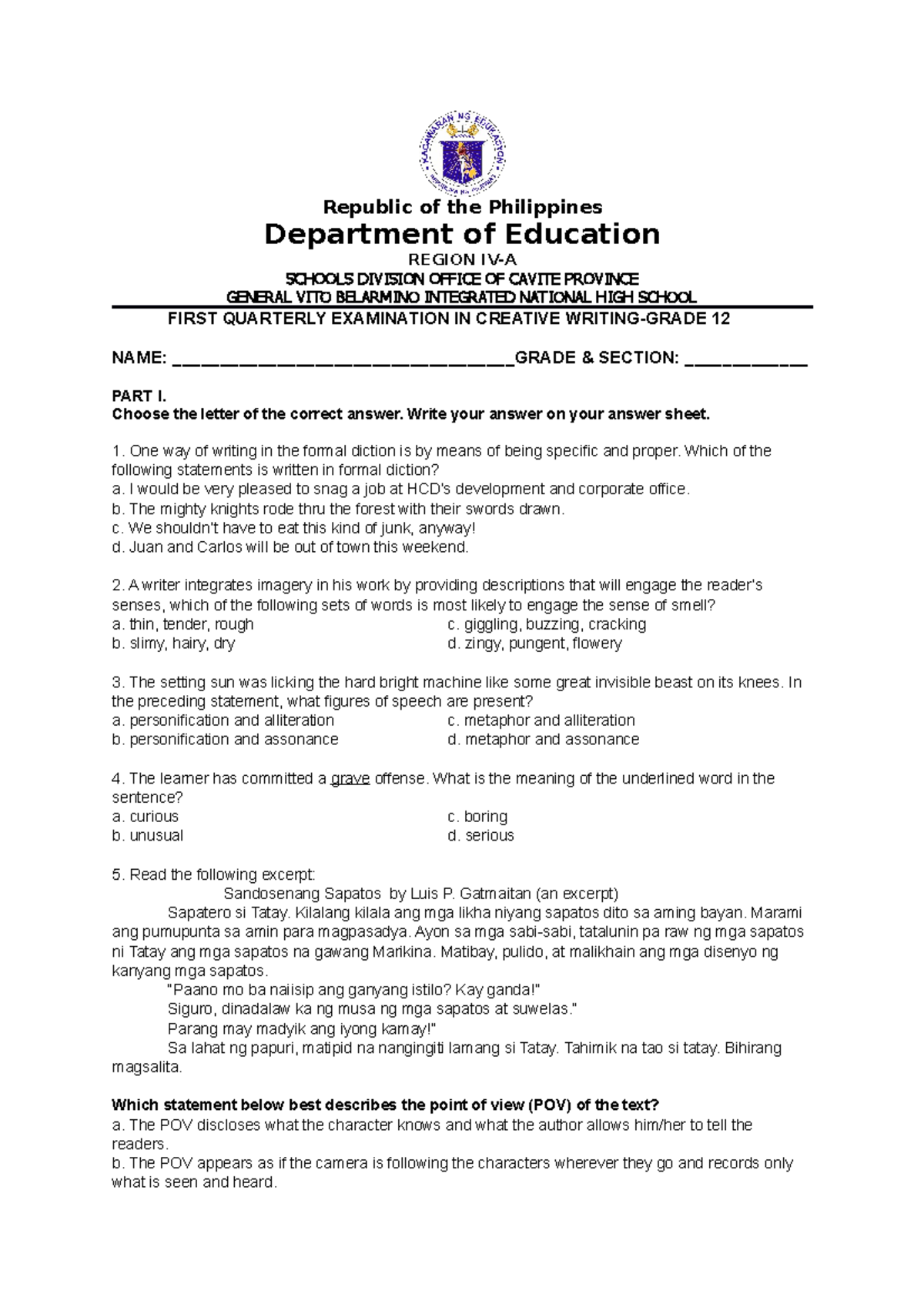 Grade 12 Creative Writing 1st Quarterly Exam Review Guide - Studocu