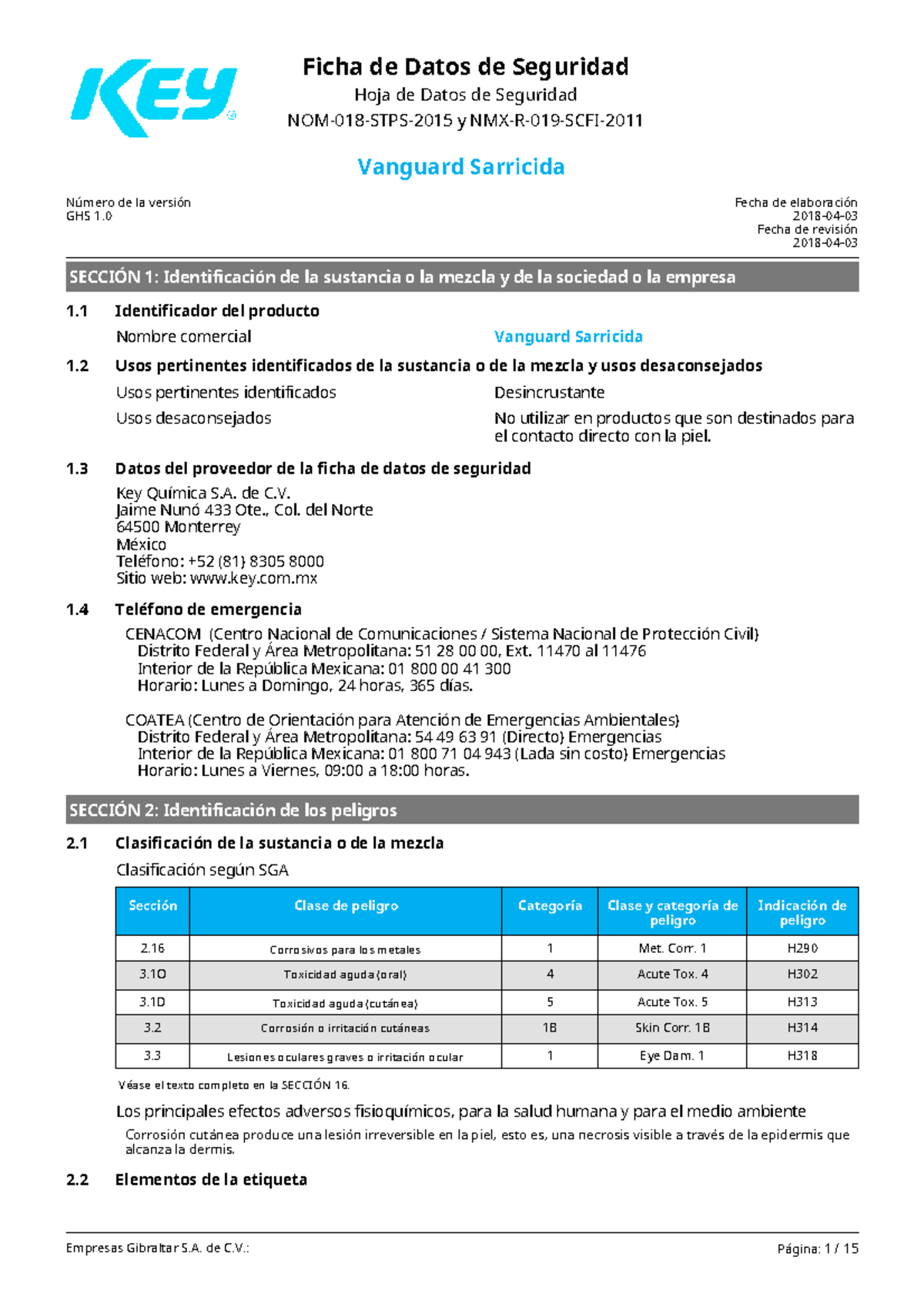 Ficha de Datos de Seguridad GHS 1.0 - Vanguard Sarricida - Studocu