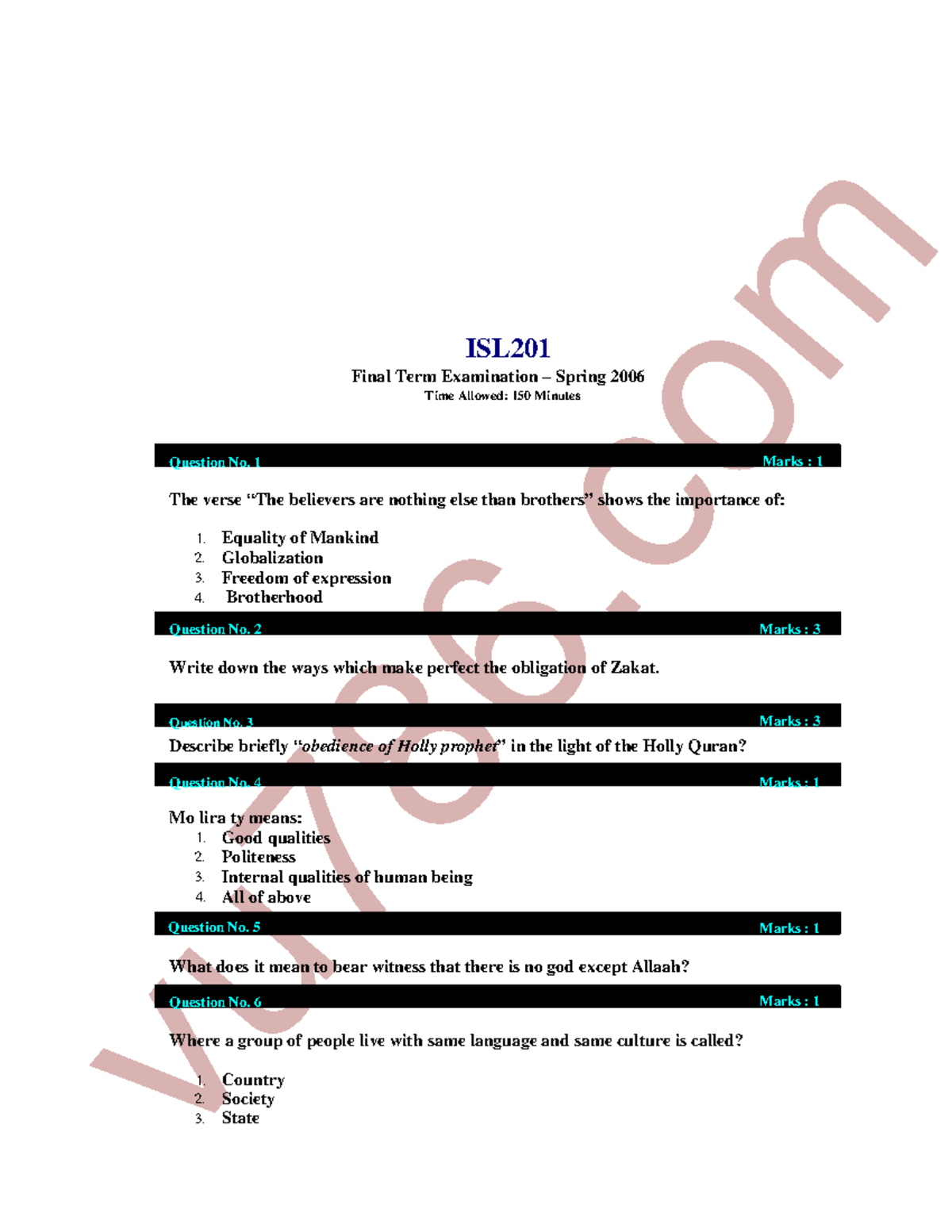 ISL201 Final Term Exam Spring 2006 - Key Questions & Topics - Studocu