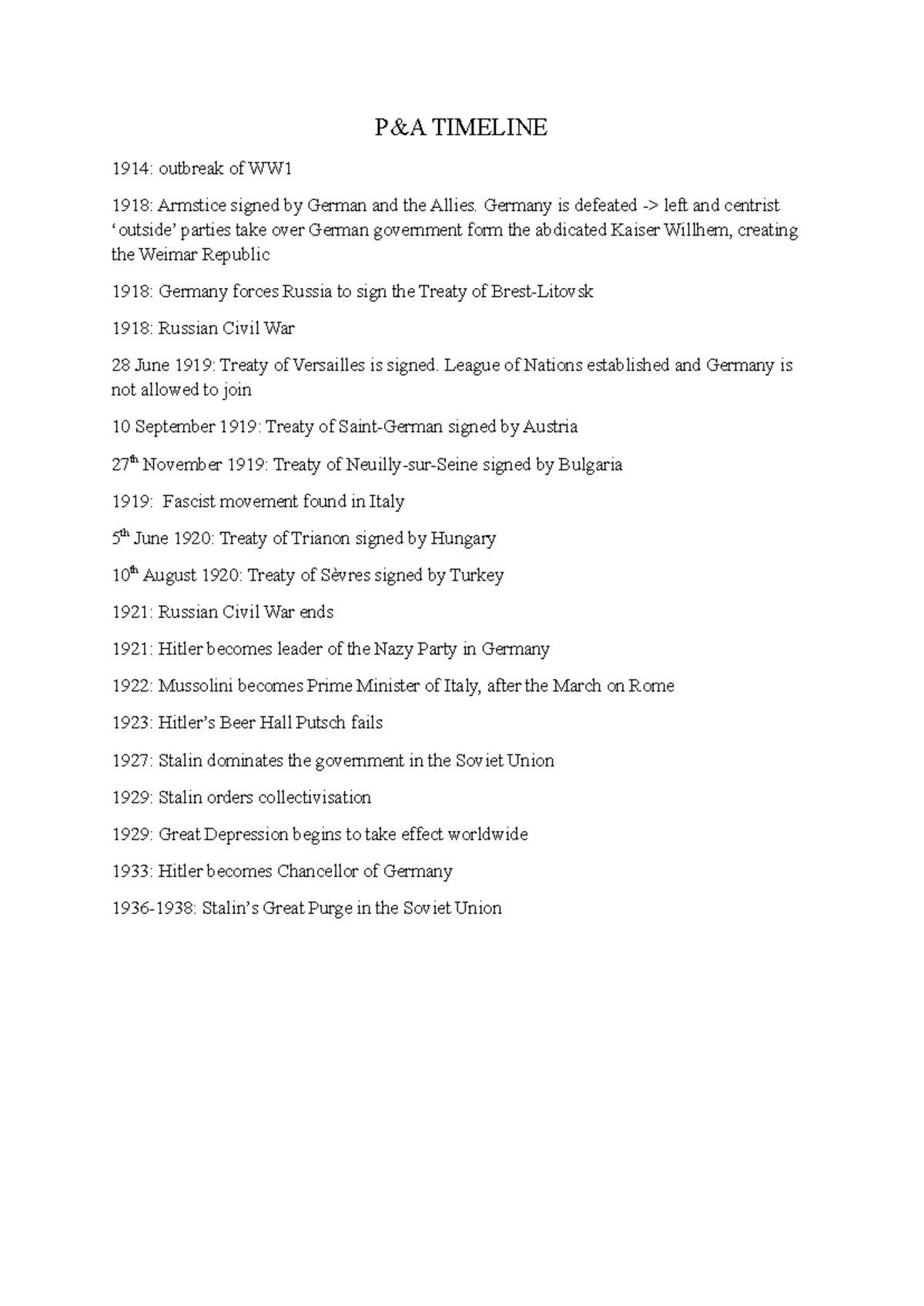 Timeline of Key Events: WW1 to the Rise of Fascism (1914-1933) - Studocu