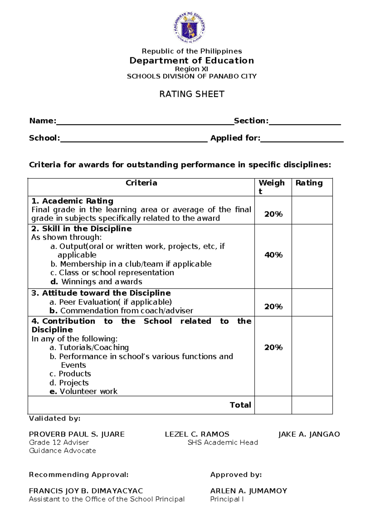 Criteria for Student Award Evaluation Sheet - Studocu