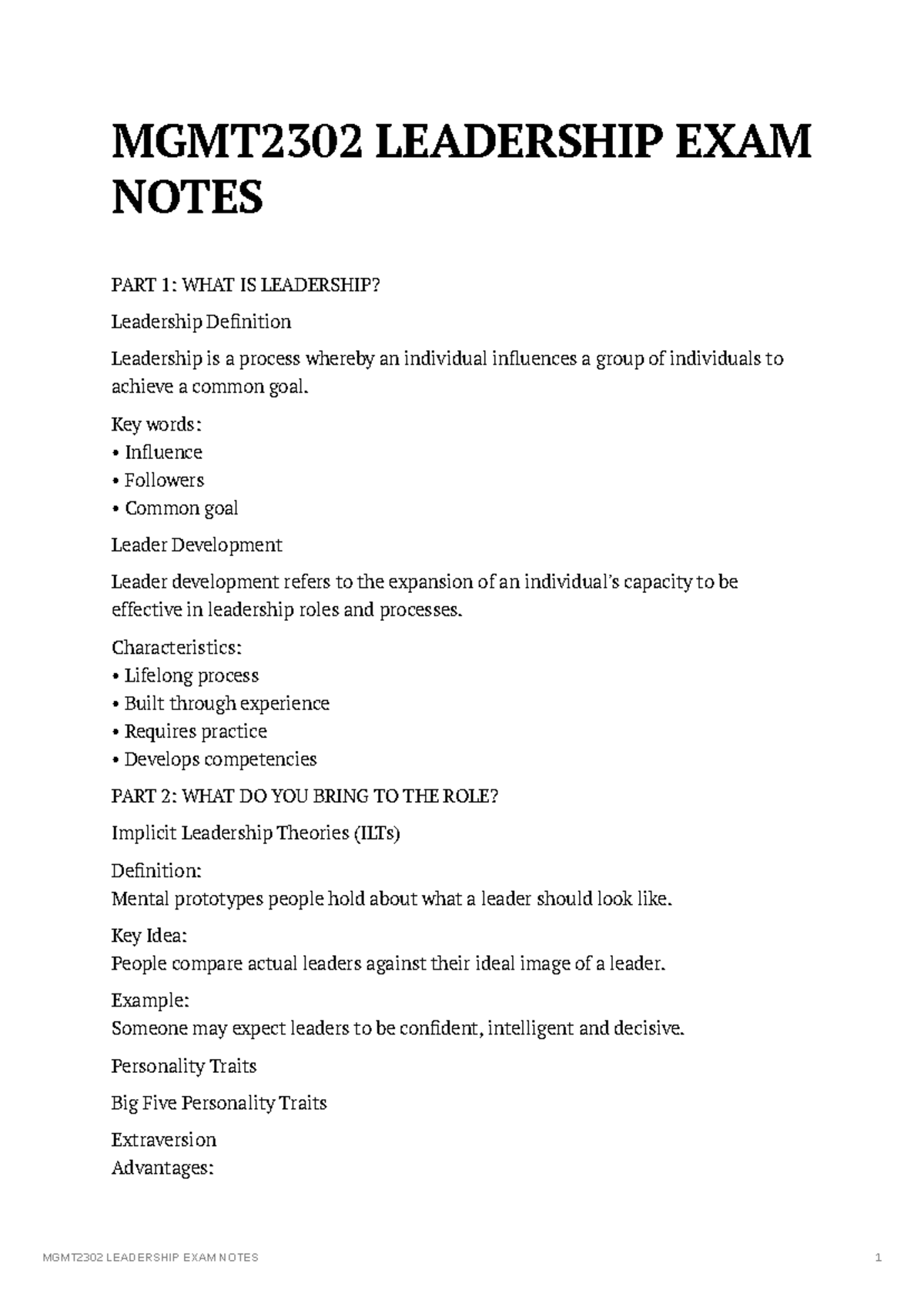 MGMT2302 LEADERSHIP FINAL EXAM NOTES: Key Concepts & Theories - Studocu