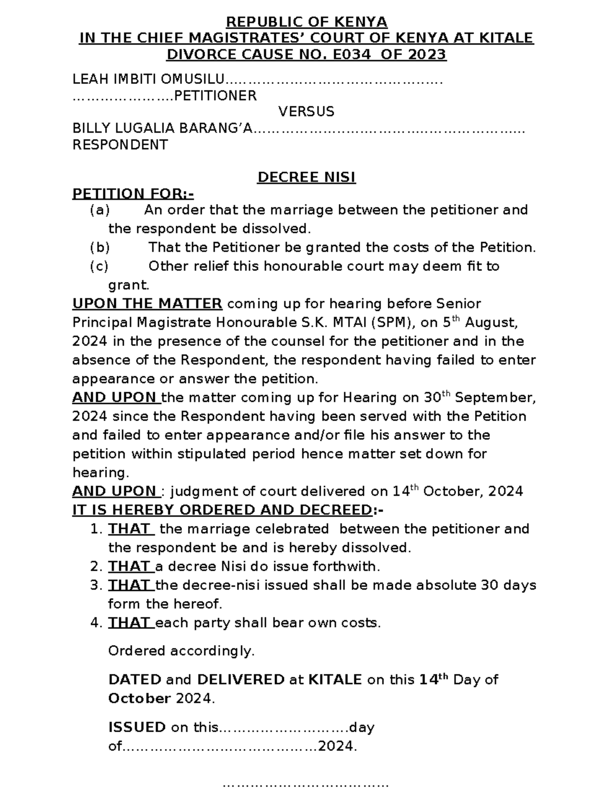 Divorce Cause E034/2023: Decree Nisi and Absolute for Leah Imbiti - Studocu