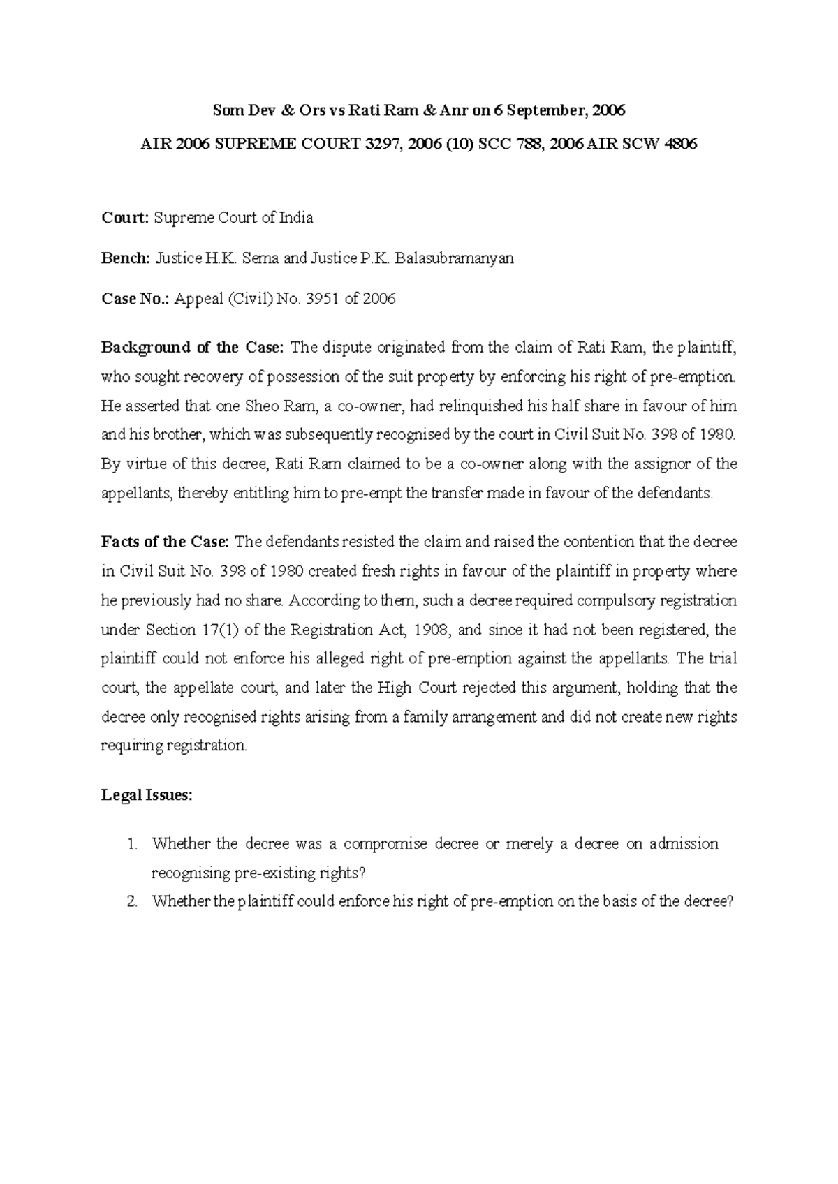 Case Brief: Som Dev Ors vs Rati Ram Anr - Supreme Court Analysis - Studocu