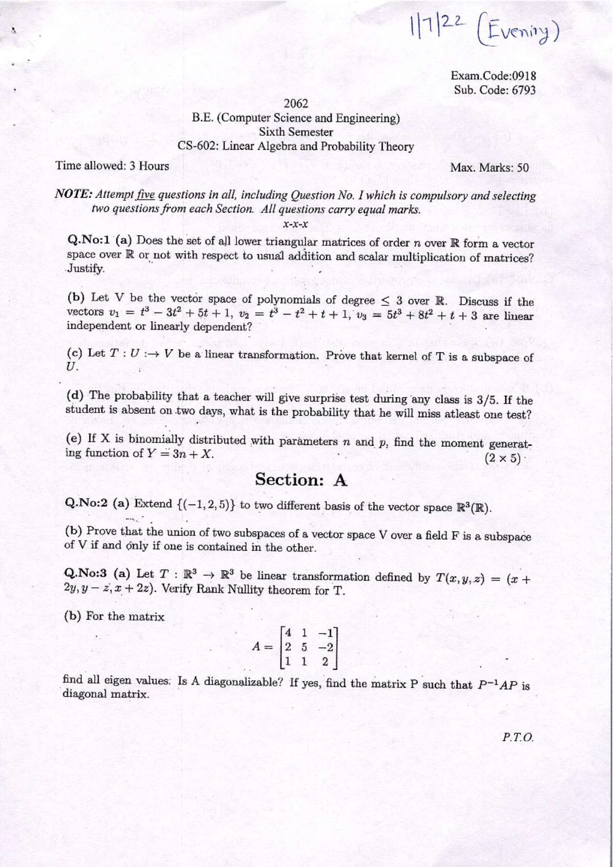 Linear Algebra & Probability Theory Exam Qs - Code: 6793 2062 - Studocu
