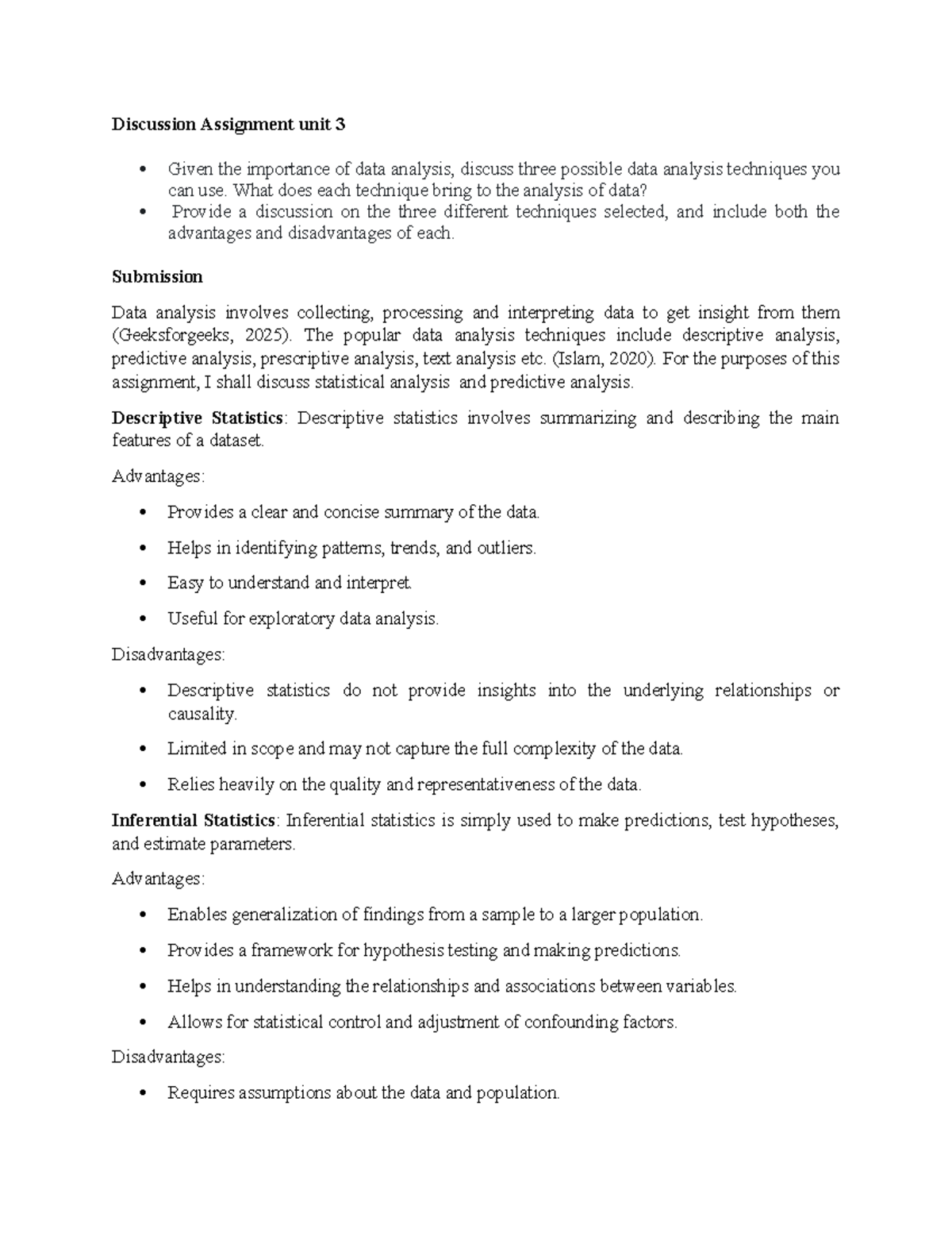 Discussion Assignment Unit 3: Data Analysis Techniques Overview - Studocu
